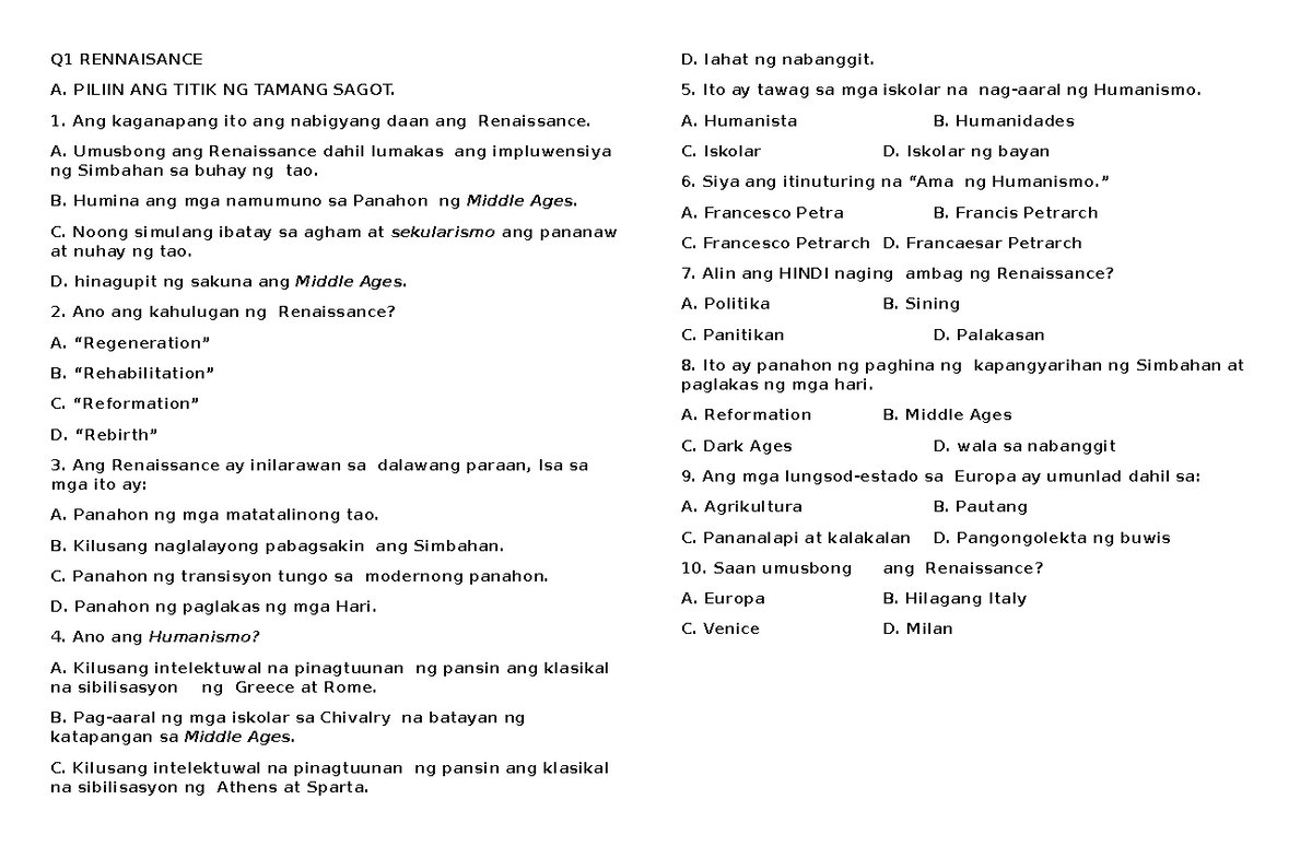 Q1 Renaissance Quiz: Key Events and Figures in the Era - Studocu