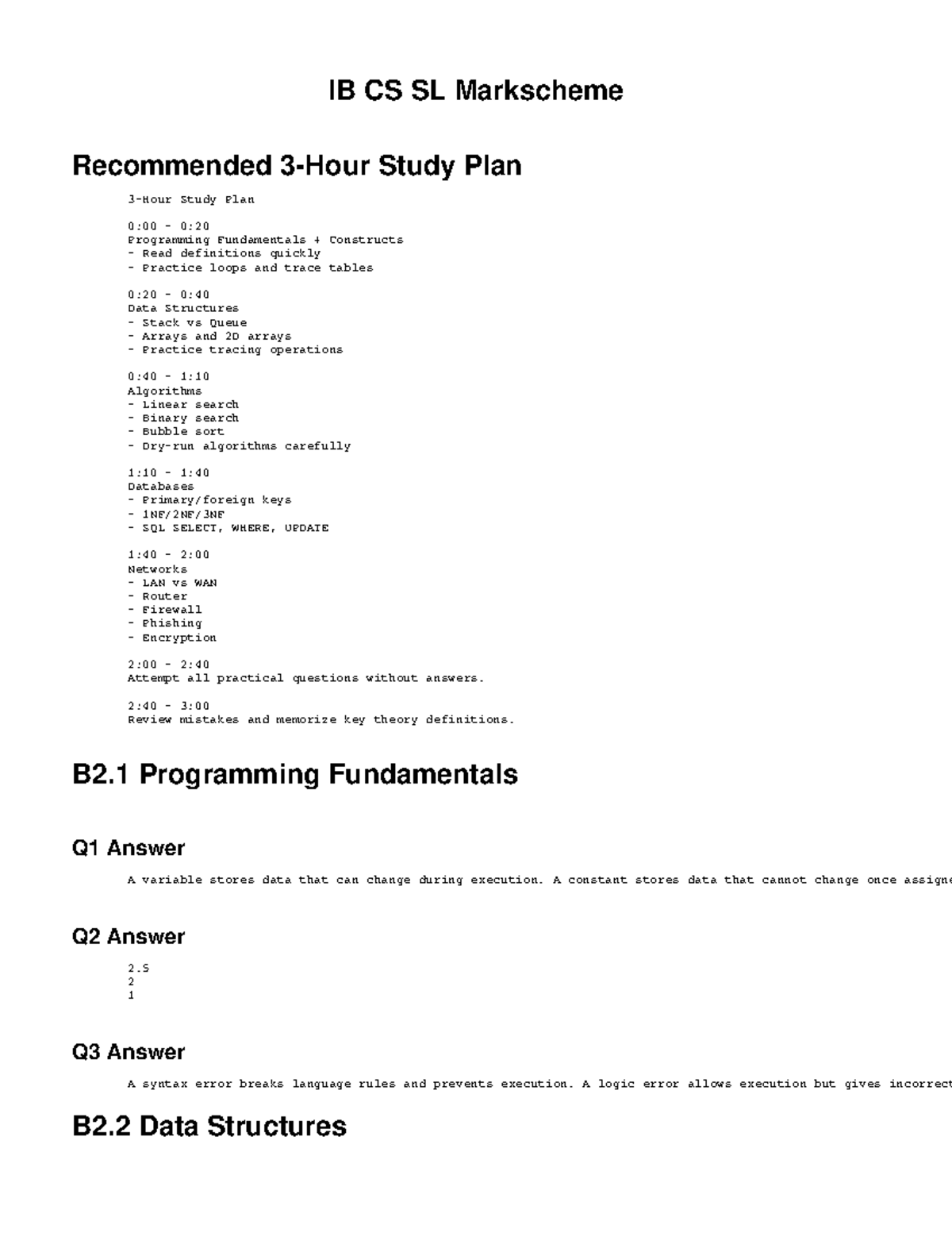 IB CS SL Markscheme Study Plan for Programming & Algorithms - Studocu
