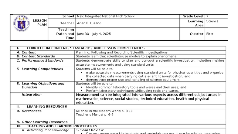 Lesson Plan: Grade 7 Science - Common Lab Tools & Equipment (1st ...
