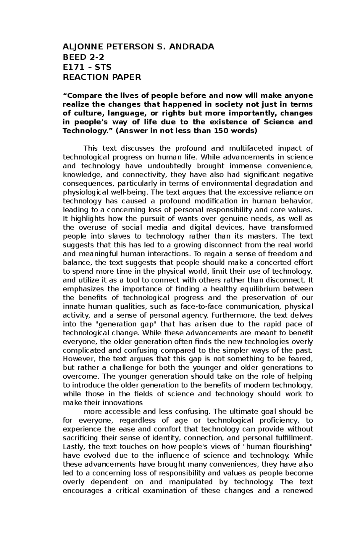 BEED 2 E171 - STS Reaction Paper: The Impact of Science & Technology ...