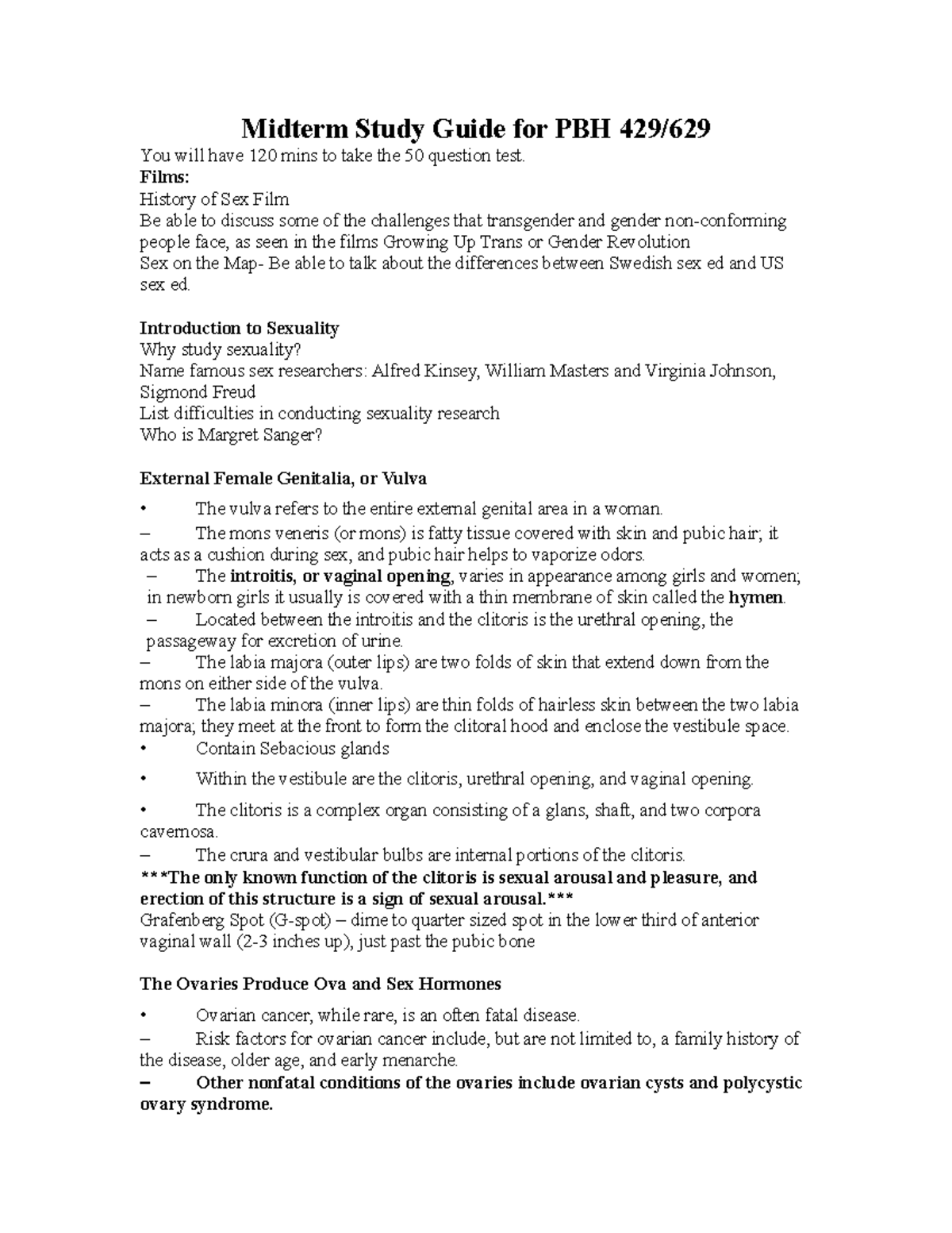 Midterm+study+guide+Spring+2023 - Midterm Study Guide for PBH 429/ You ...