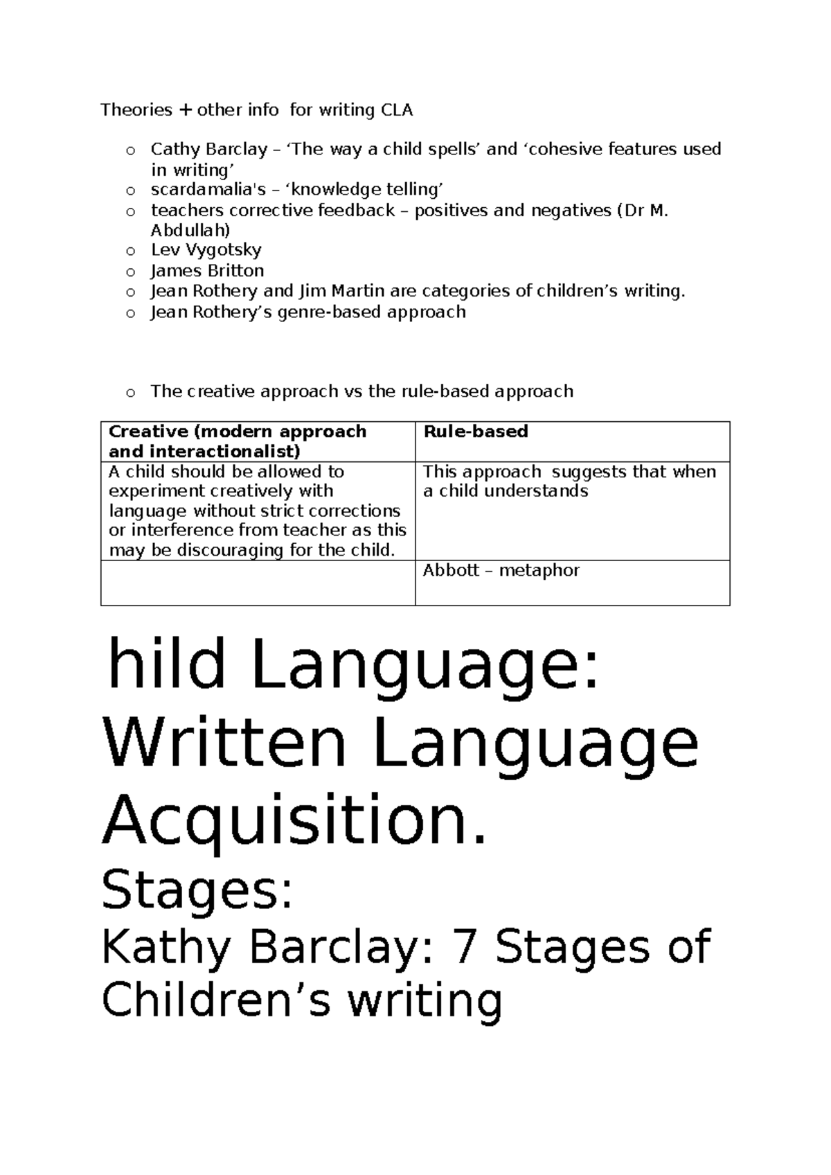 Theories on Child Language Acquisition (CLA) and Writing Stages - Studocu