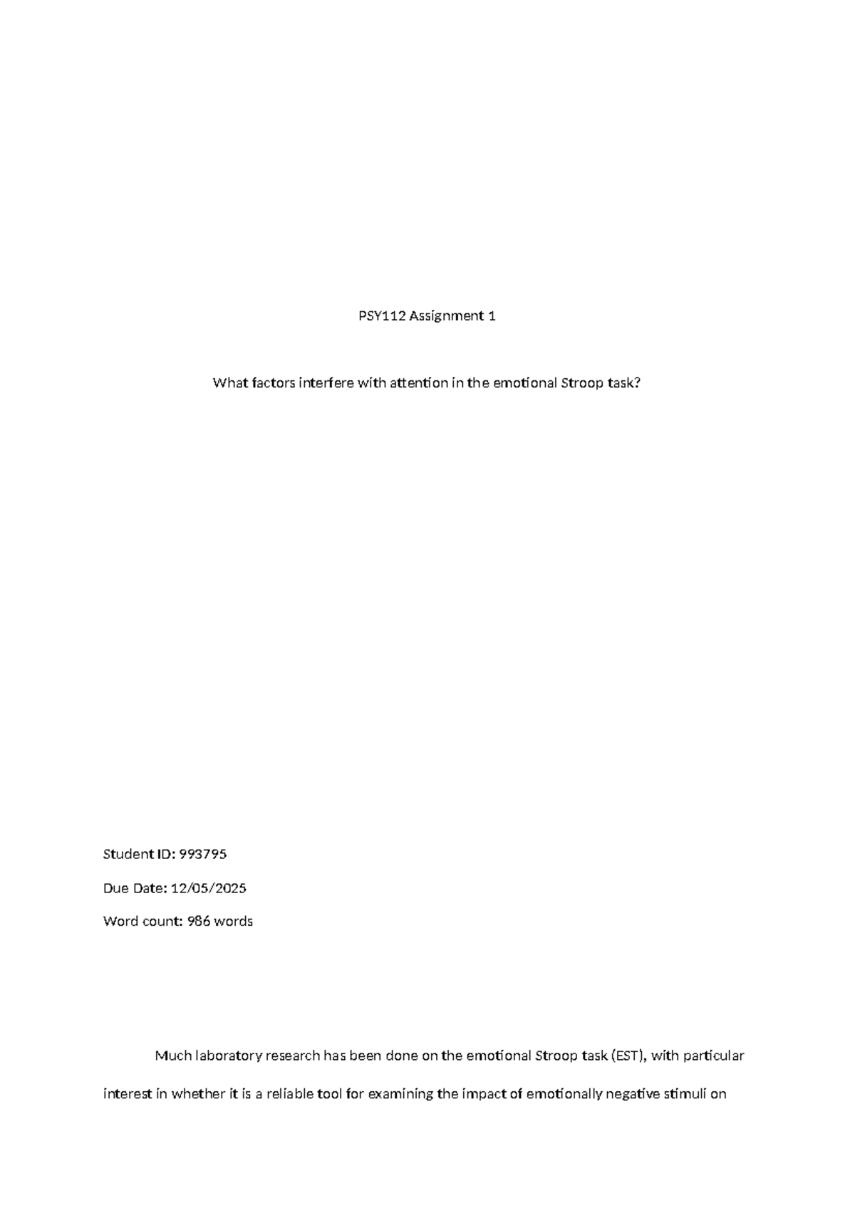 PSY112 Assignment 1: Exploring Attention Interference in the Emotional ...