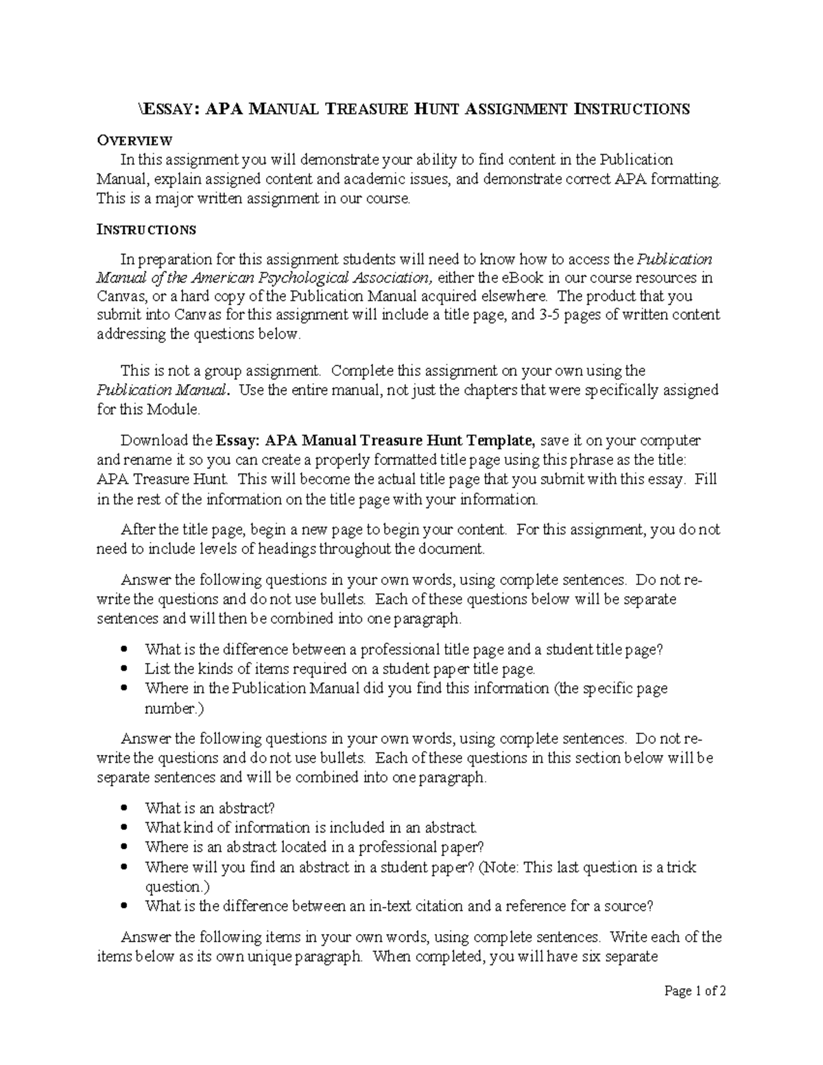APA Manual Treasure Hunt Assignment Instructions (Essay) - Studocu