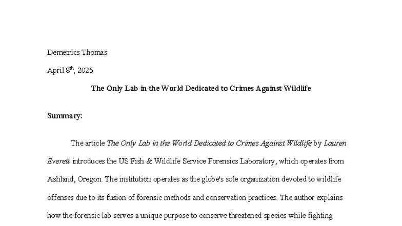 Wildlife Forensics: The Unique Role of the US Fish & Wildlife Lab - Studocu