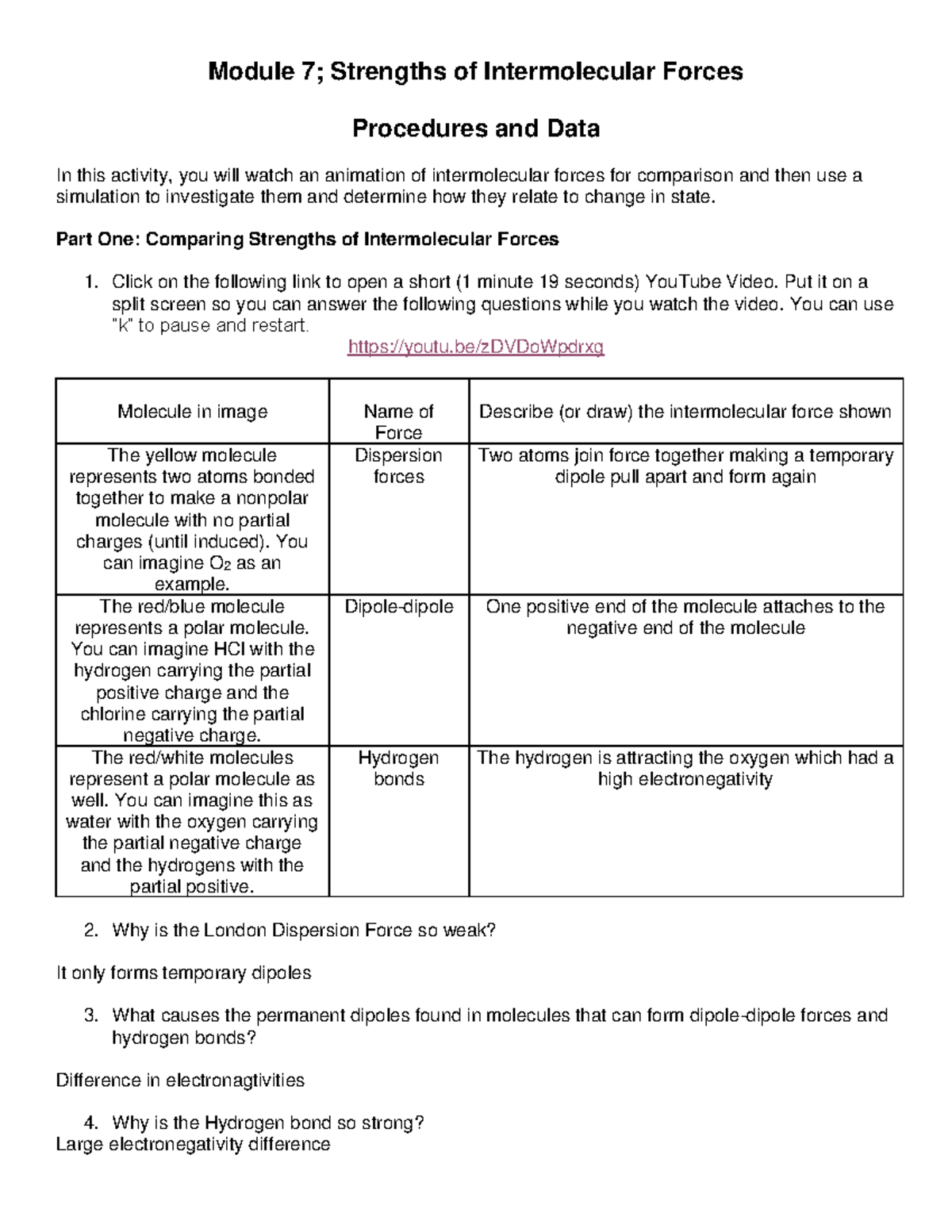Module 7: Analysis of Intermolecular Forces Strengths and Comparisons ...