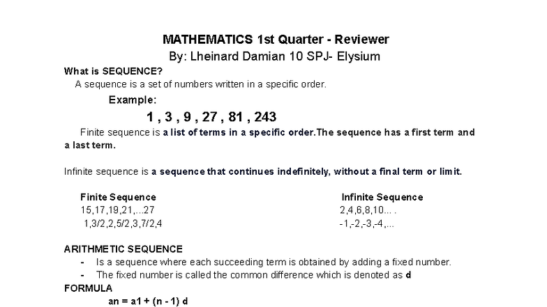 Mathematics 10 - 1st Quarter Sequence & Polynomial Reviewer - Studocu