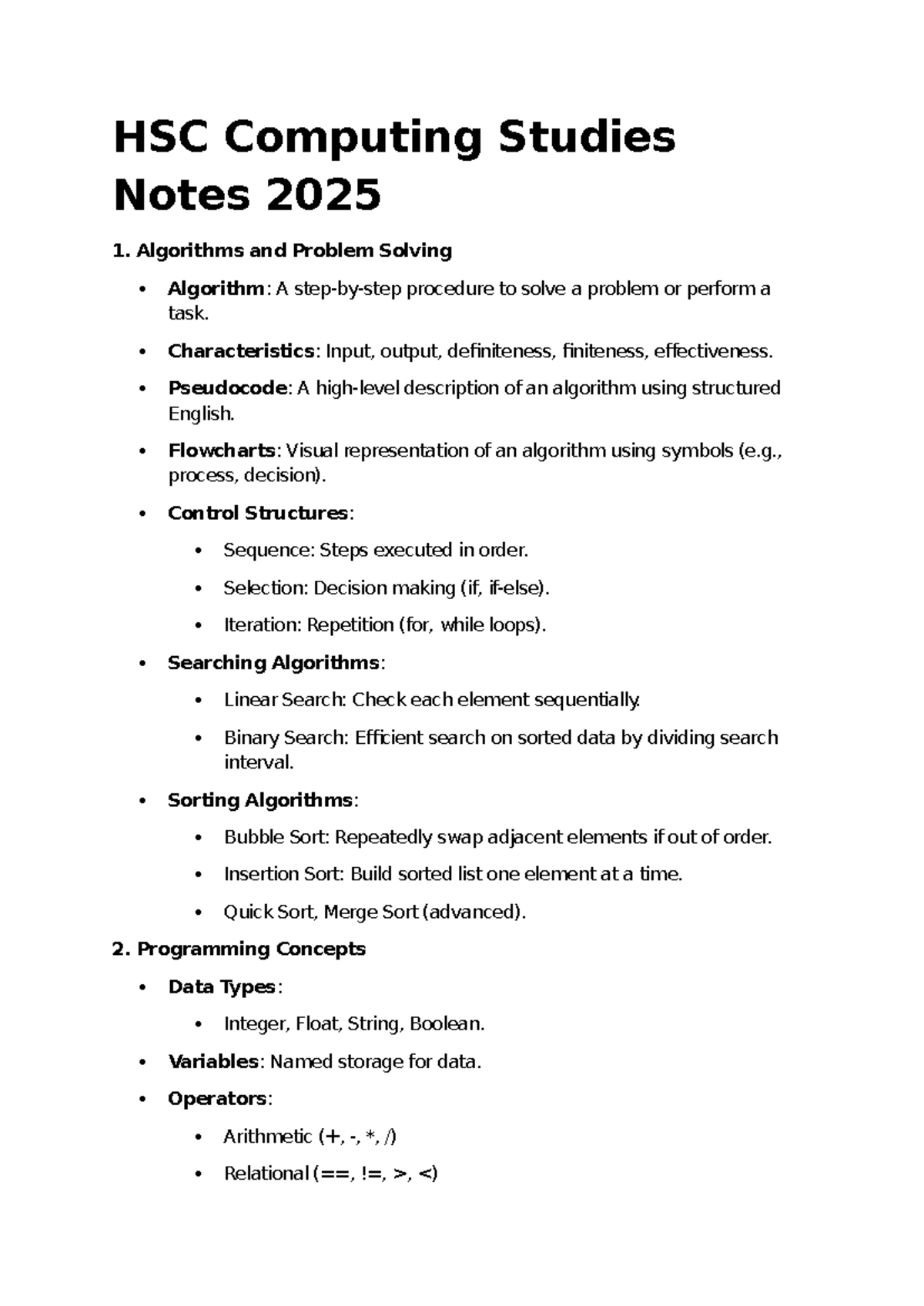 HSC Computing Studies Notes 2025: Algorithms & Programming Concepts ...