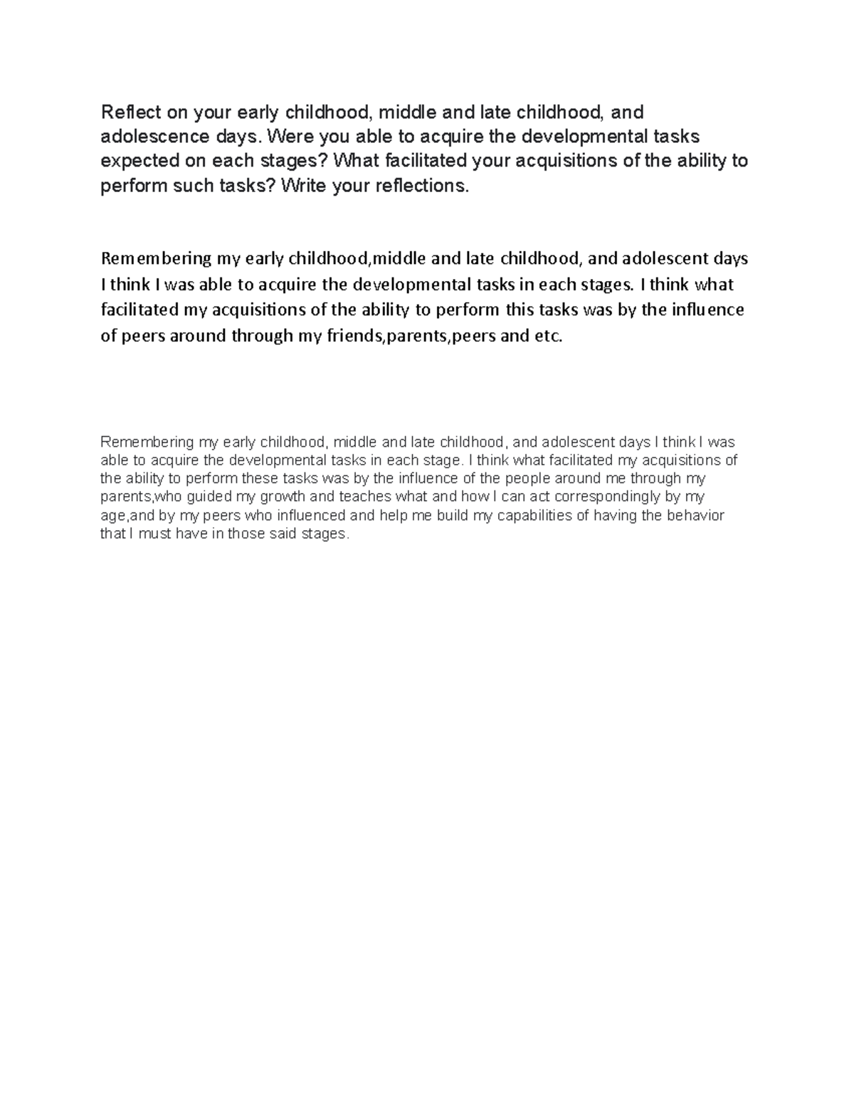 Reflection on Developmental Tasks in Childhood and Adolescence - Studocu