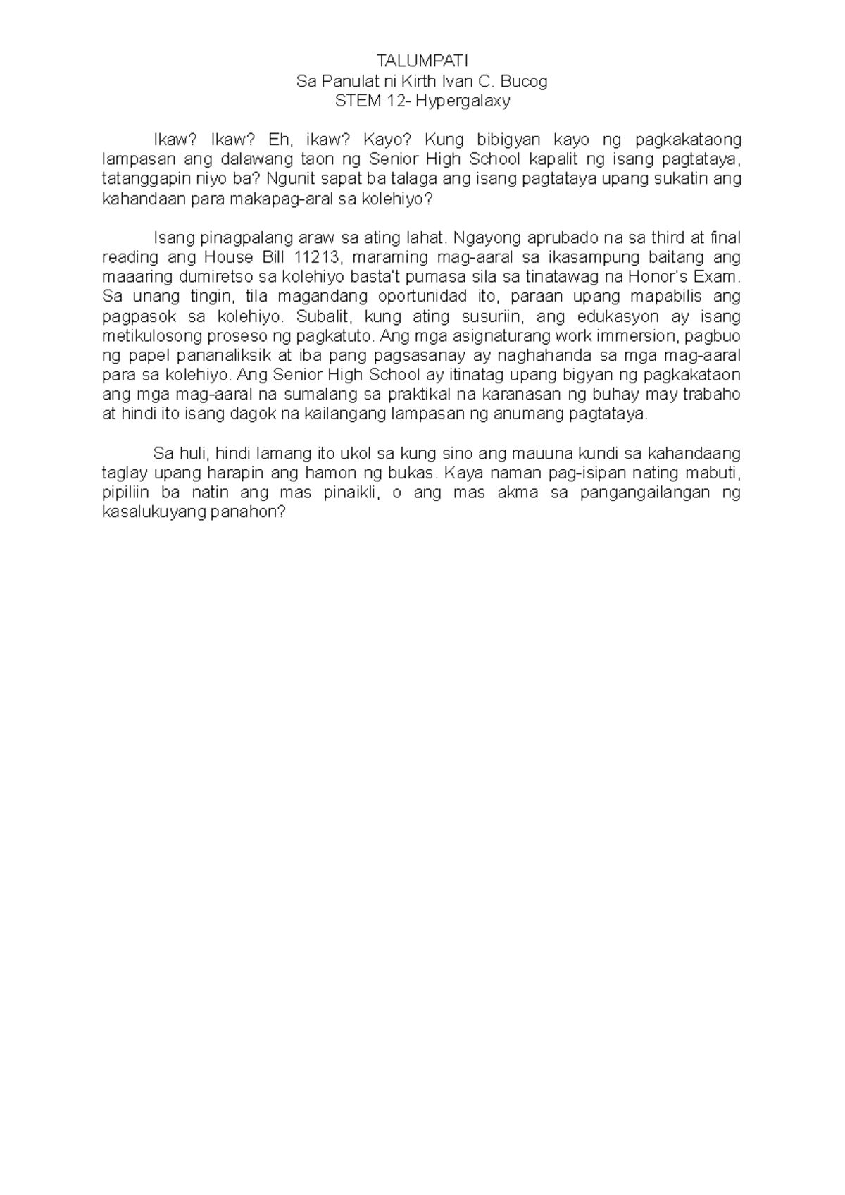 Speech - TALUMPATI Sa Panulat ni Kirth Ivan C. Bucog STEM 12 ...