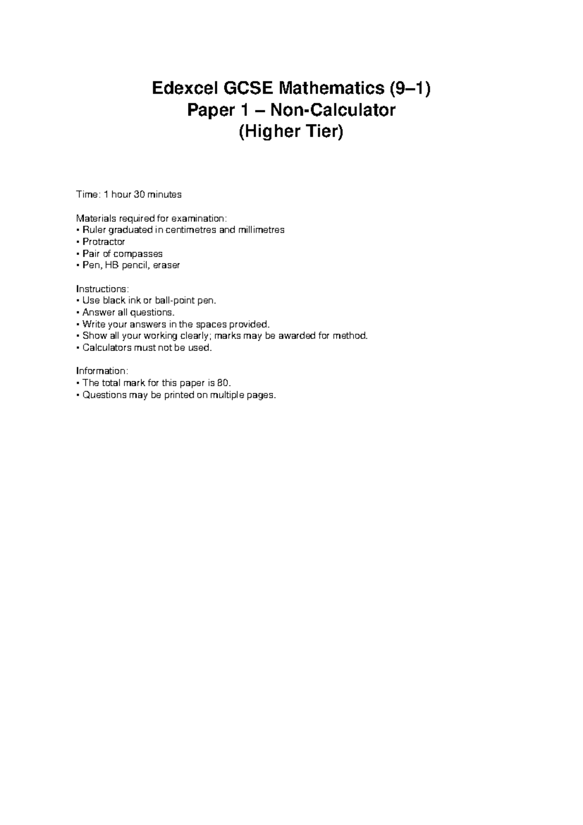 Edexcel GCSE Maths Higher Tier Paper 1 Non-Calculator Guide - Studocu