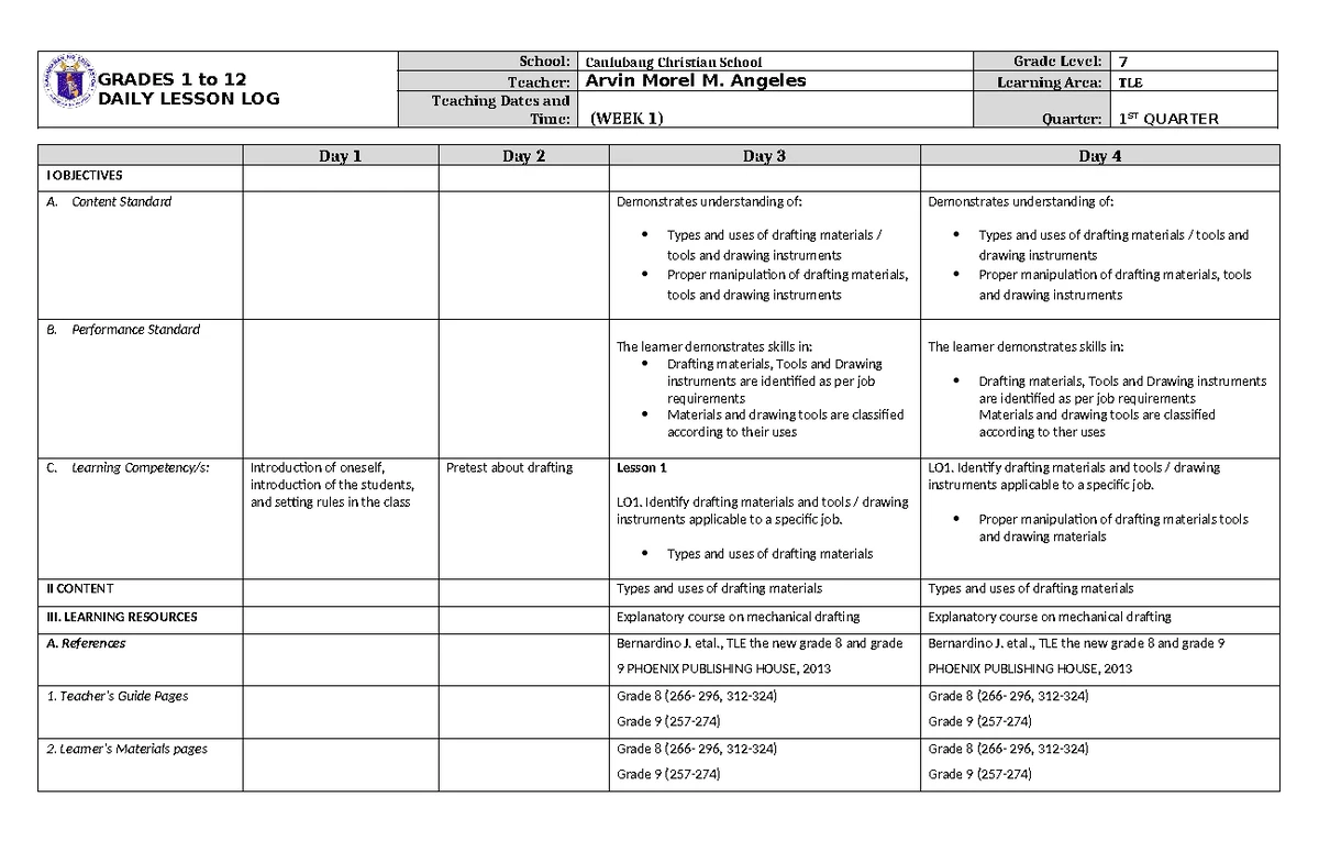 Lesson Plan: Drafting Skills for Original Design (TLE Grade 7, Q2 ...