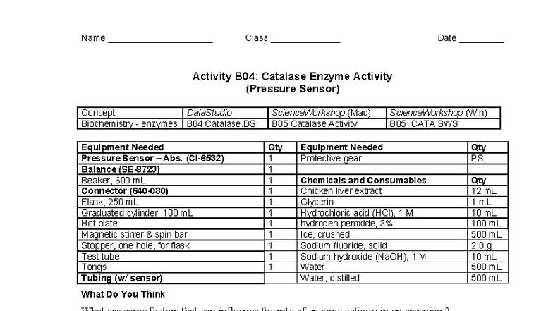 B04: Catalase Enzyme Activity Lab Report and Data Analysis - Studocu