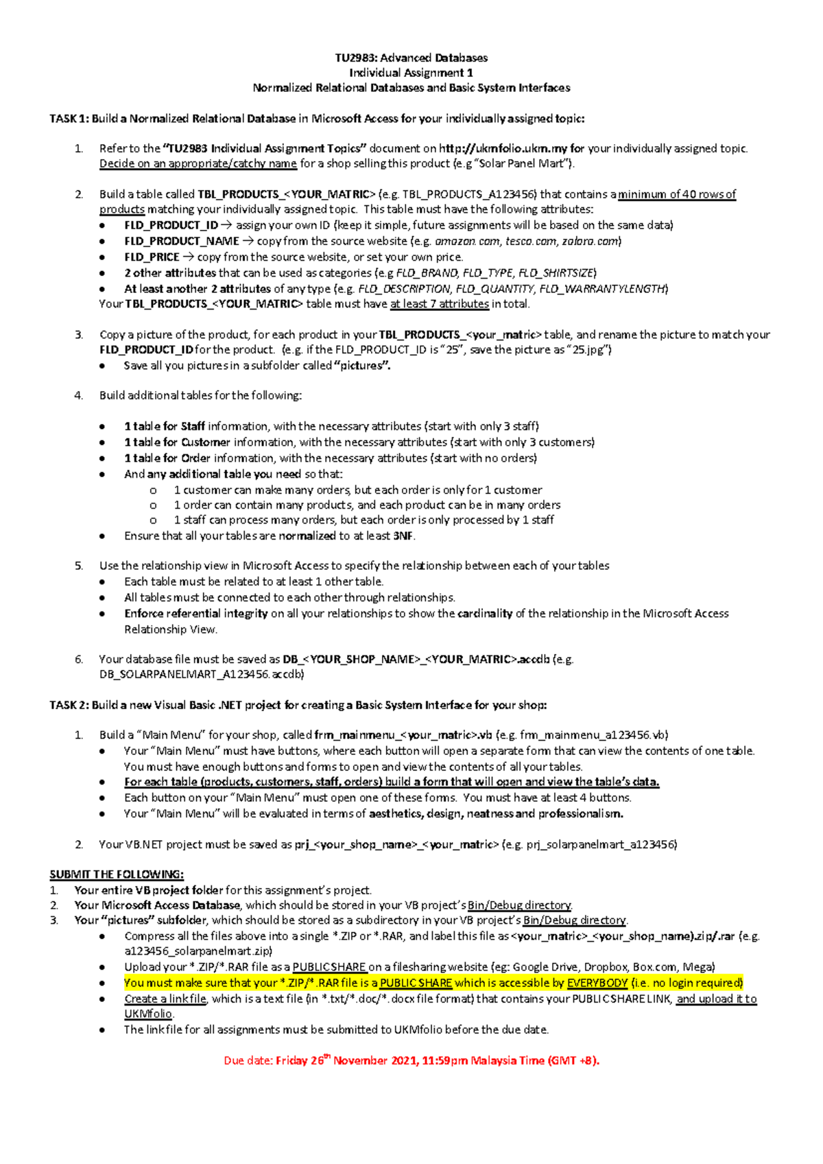 TU2983 Assignment 1: Normalized DB & System Interfaces in MS Access - Studocu