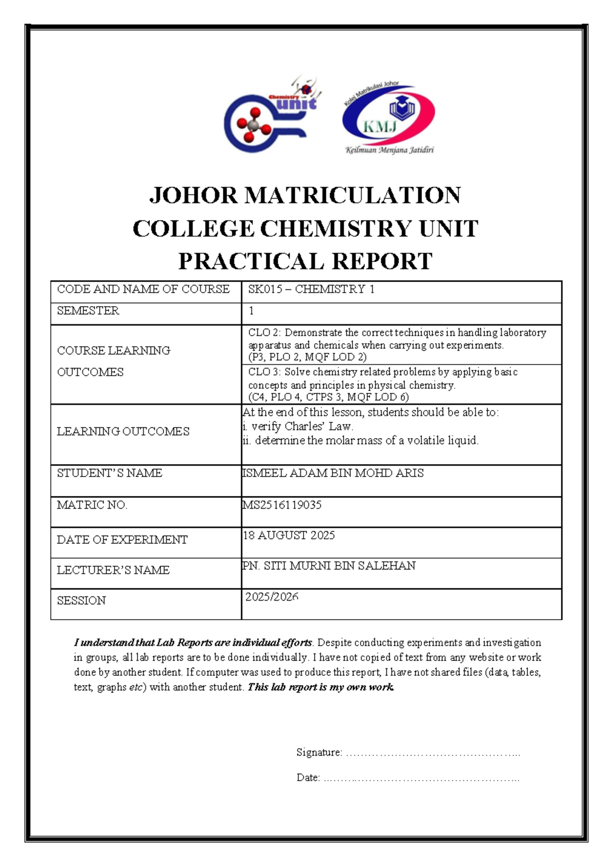 SK015 Chemistry 1 Lab Report: Experiment 4 - Ideal Gas Law - Studocu