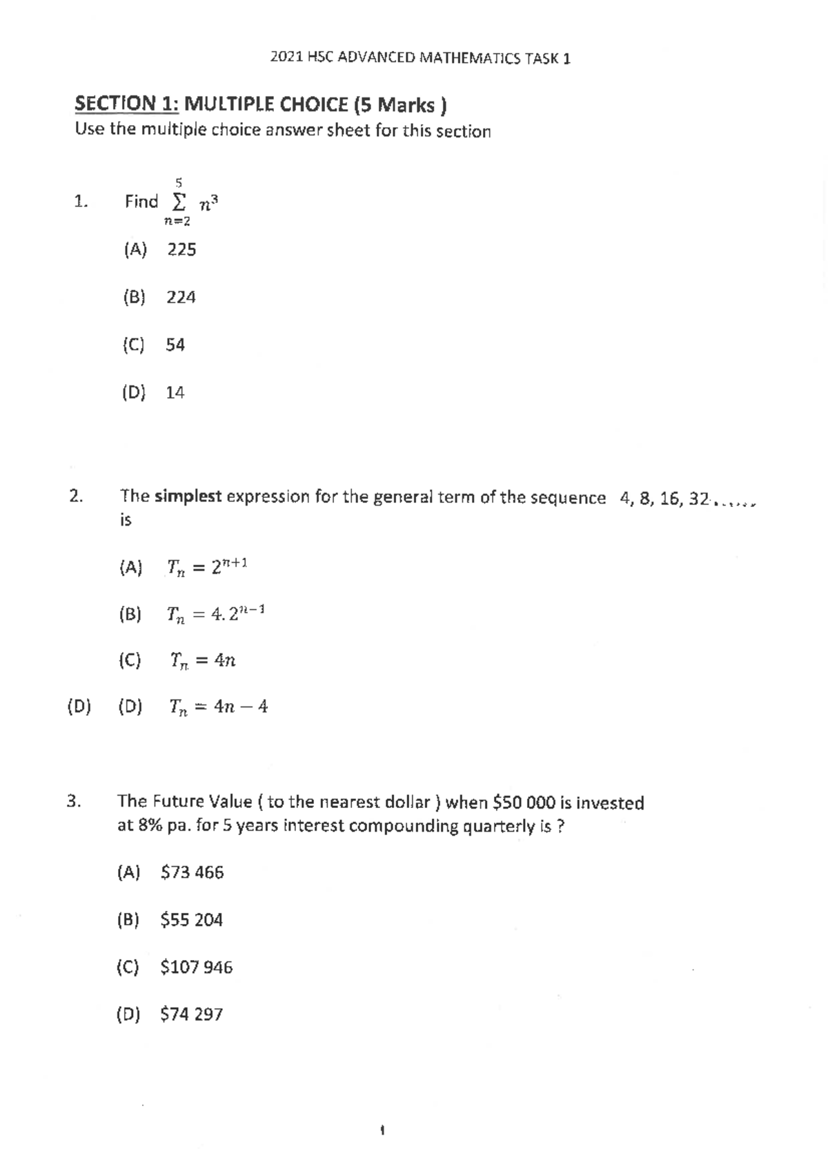 2021 HSC ADVANCED MATHEMATICS TASK 1: MULTIPLE CHOICE & QUESTIONS - Studocu