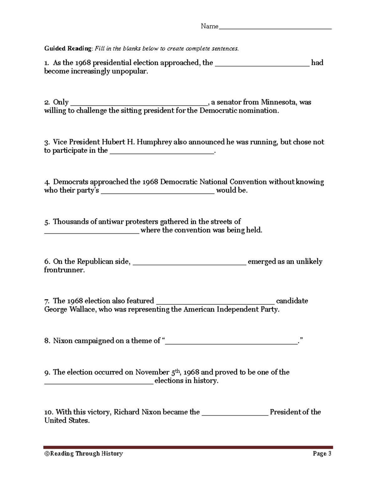 Nixon's 1968 Election & Watergate Scandal: Guided Reading Questions ...