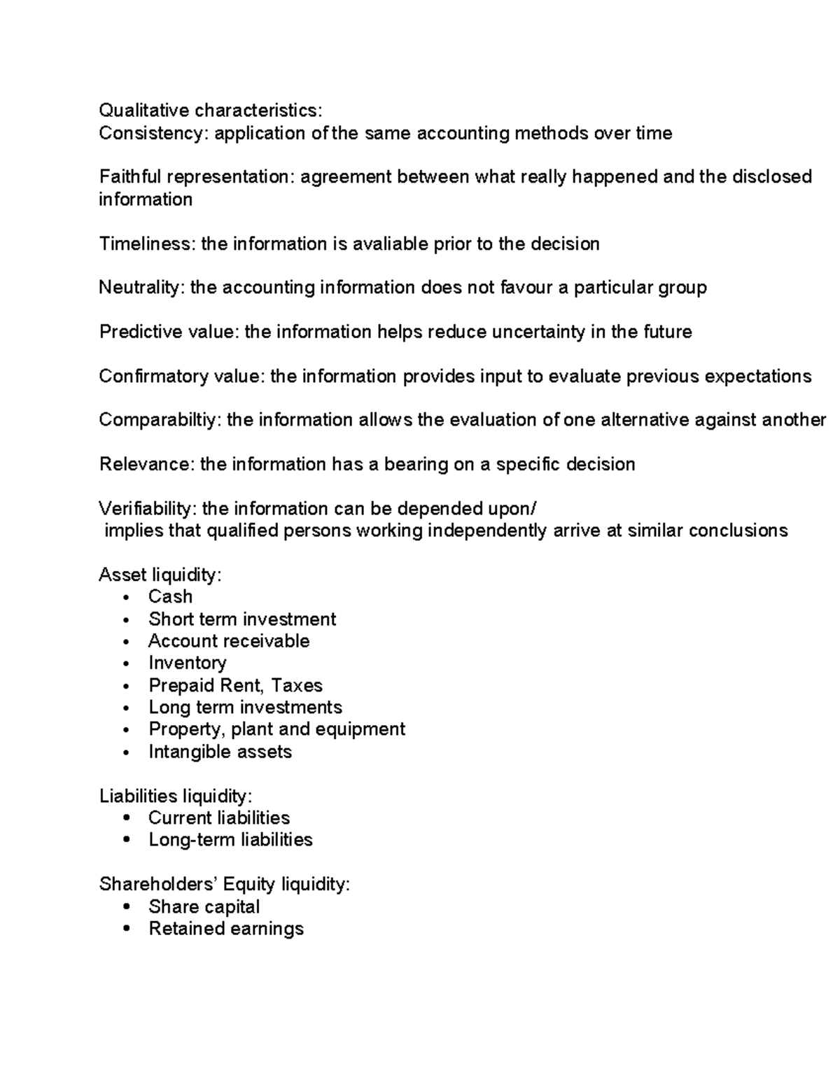 Accounting CH 2 Notes: Qualitative Characteristics & Liquidity - Studocu