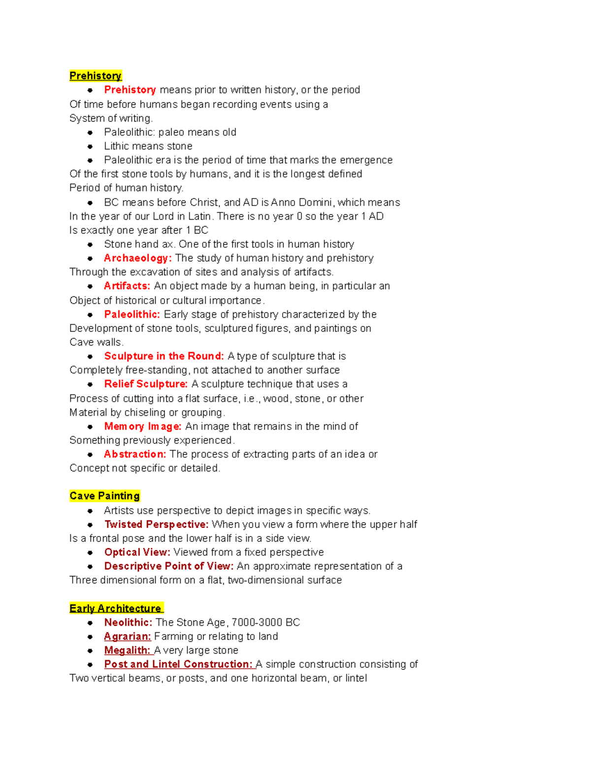Unit 2 Study Sheet art history 1 - Prehistory Prehistory means prior to ...