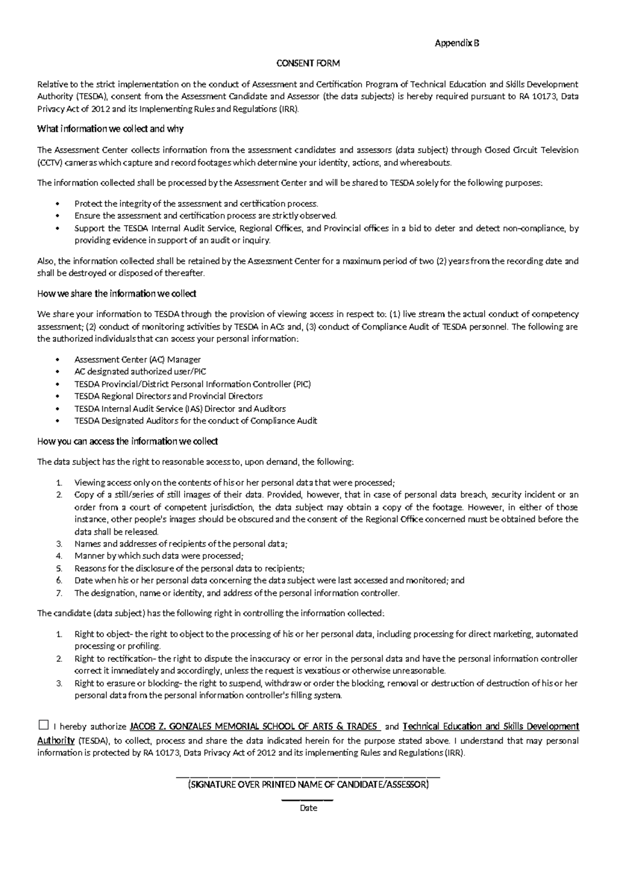 TESDA Consent Form for Assessment Candidates and Assessors - Studocu