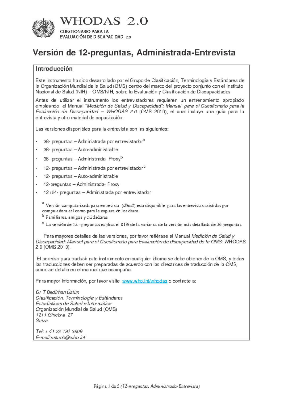 WHODAS 2.0 Cuestionario de Evaluación de Discapacidad - Entrevista 12 ...