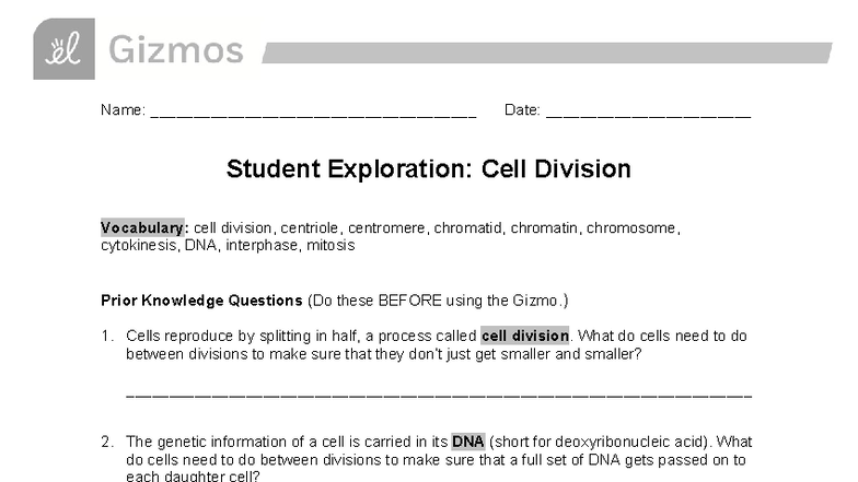 Cell Division SE-1: Vocabulary & Gizmo Exploration Guide - Studocu