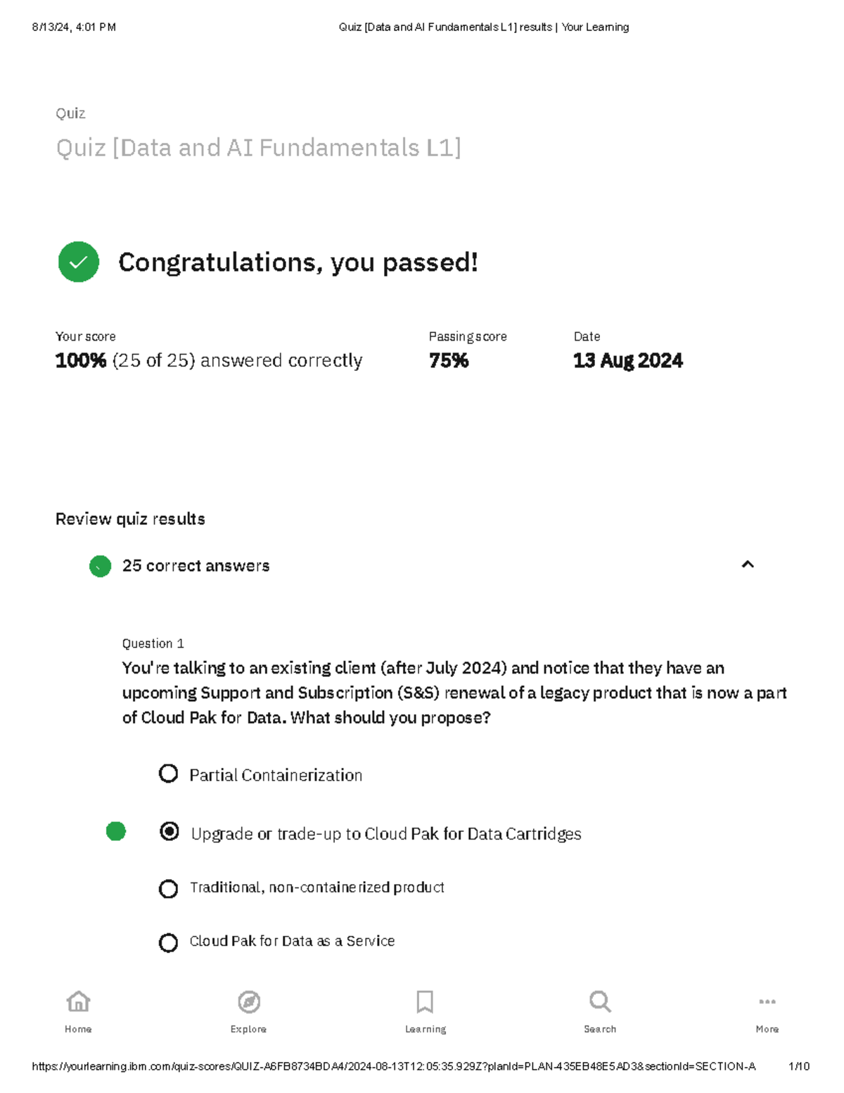 Quiz Results for Data and AI Fundamentals L1 – 100% Score Achieved ...