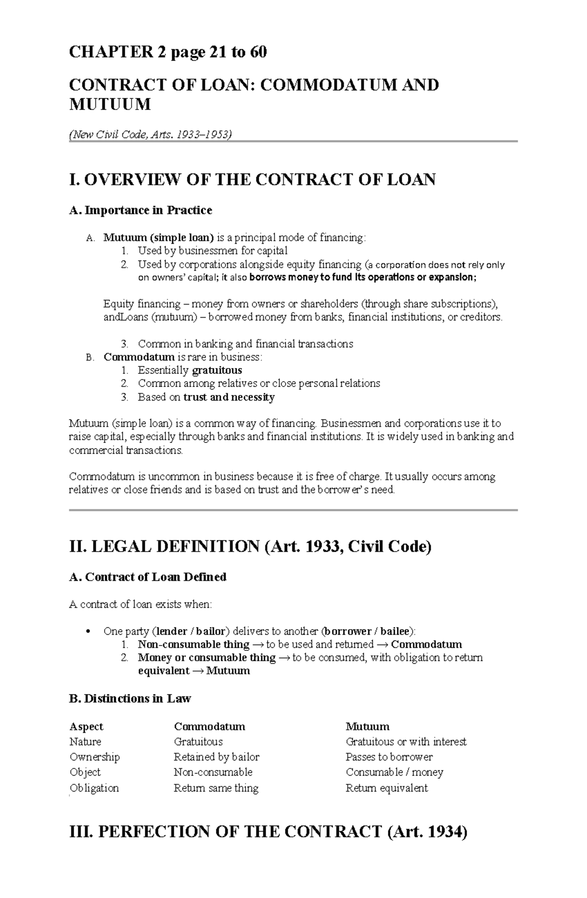 Chapter 2: Contract of Loan - Commodatum and Mutuum (New Civil Code ...