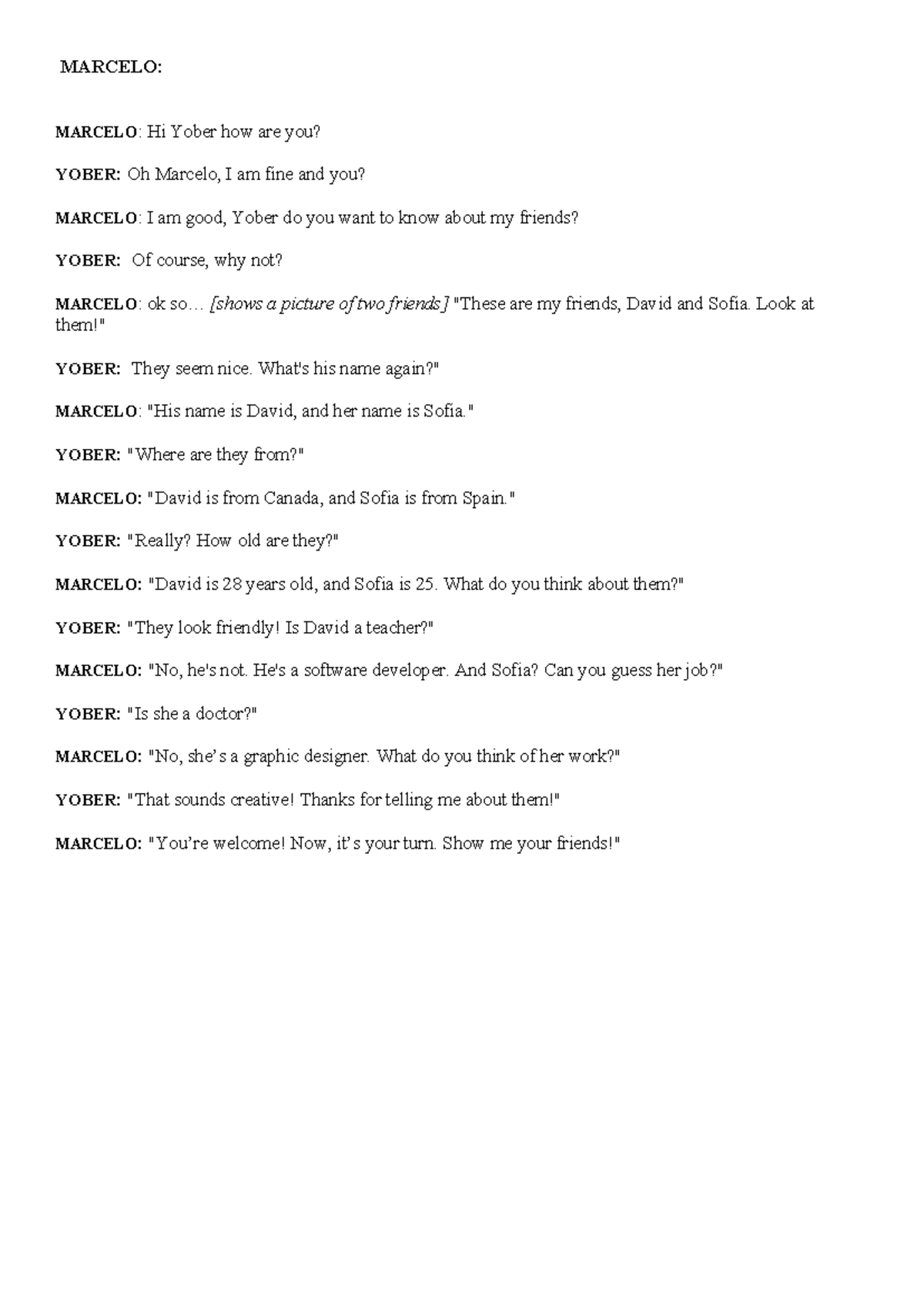 TA 1 English Dialogue: Marcelo and Yober's Conversation - Studocu