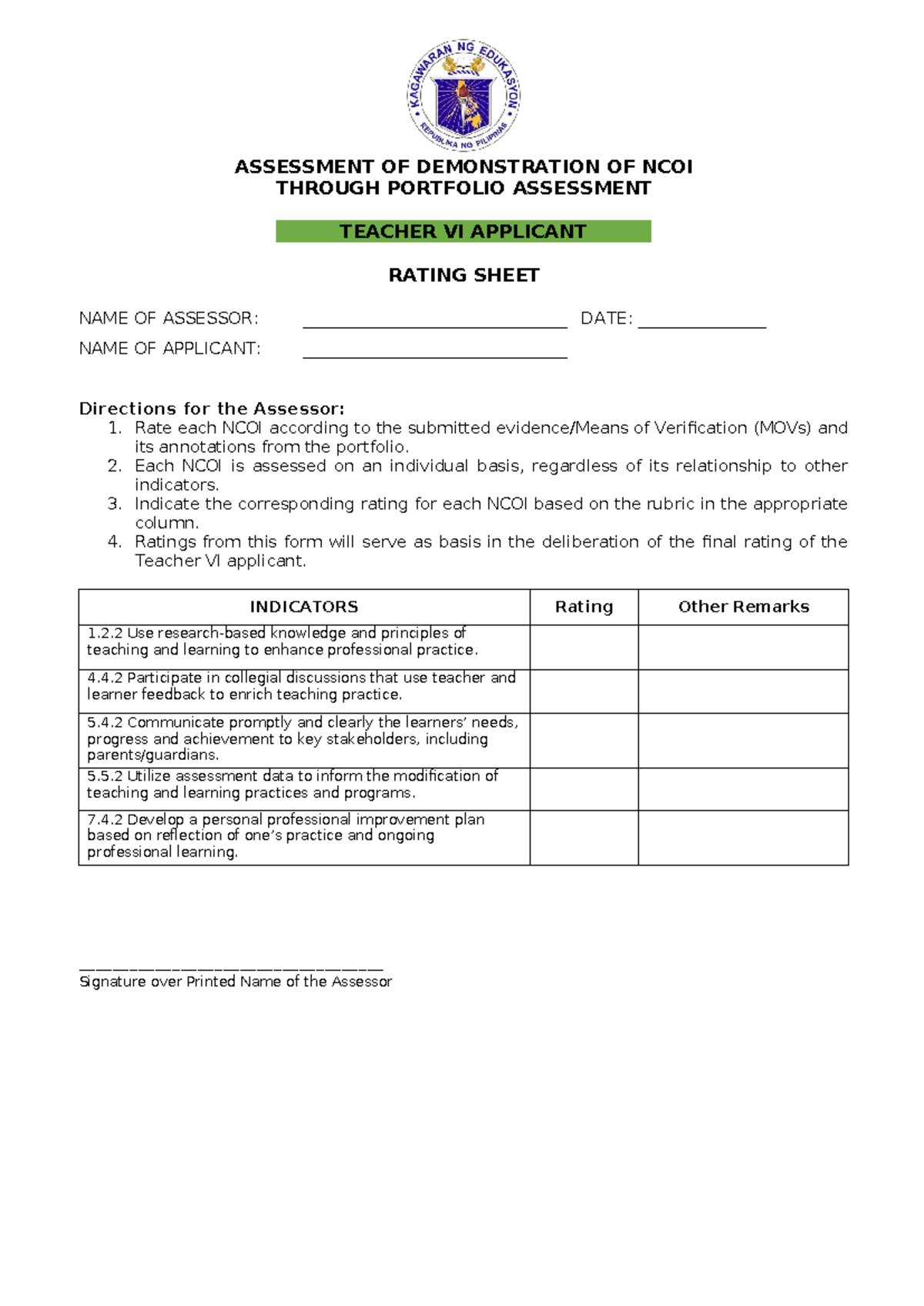 NCOI Rating Sheet for Teacher VI Applicant Assessment - Studocu