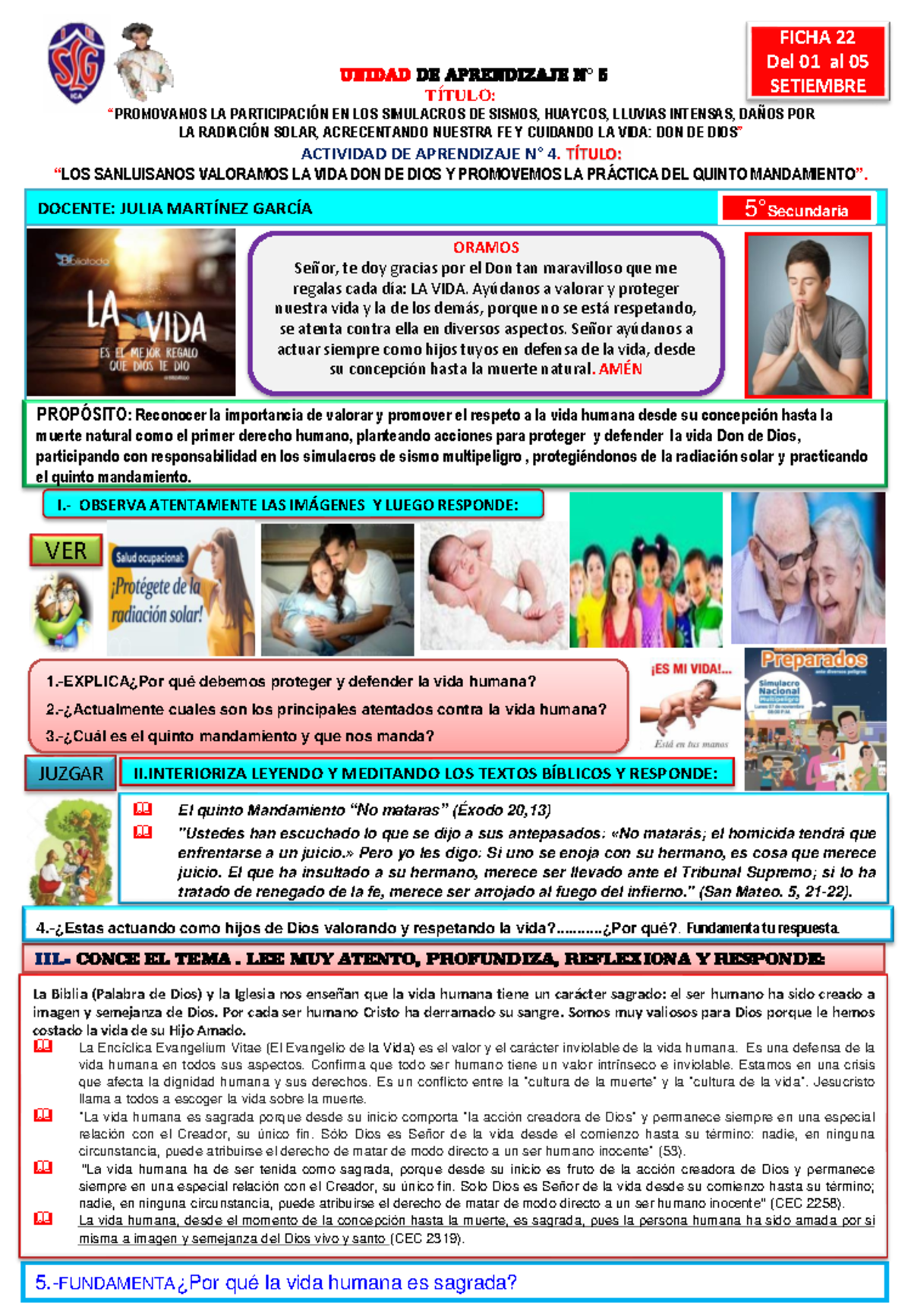 Ficha 22 Quinto Julia SLG 2024 UDA 5: Valoración de la Vida Humana - Studocu