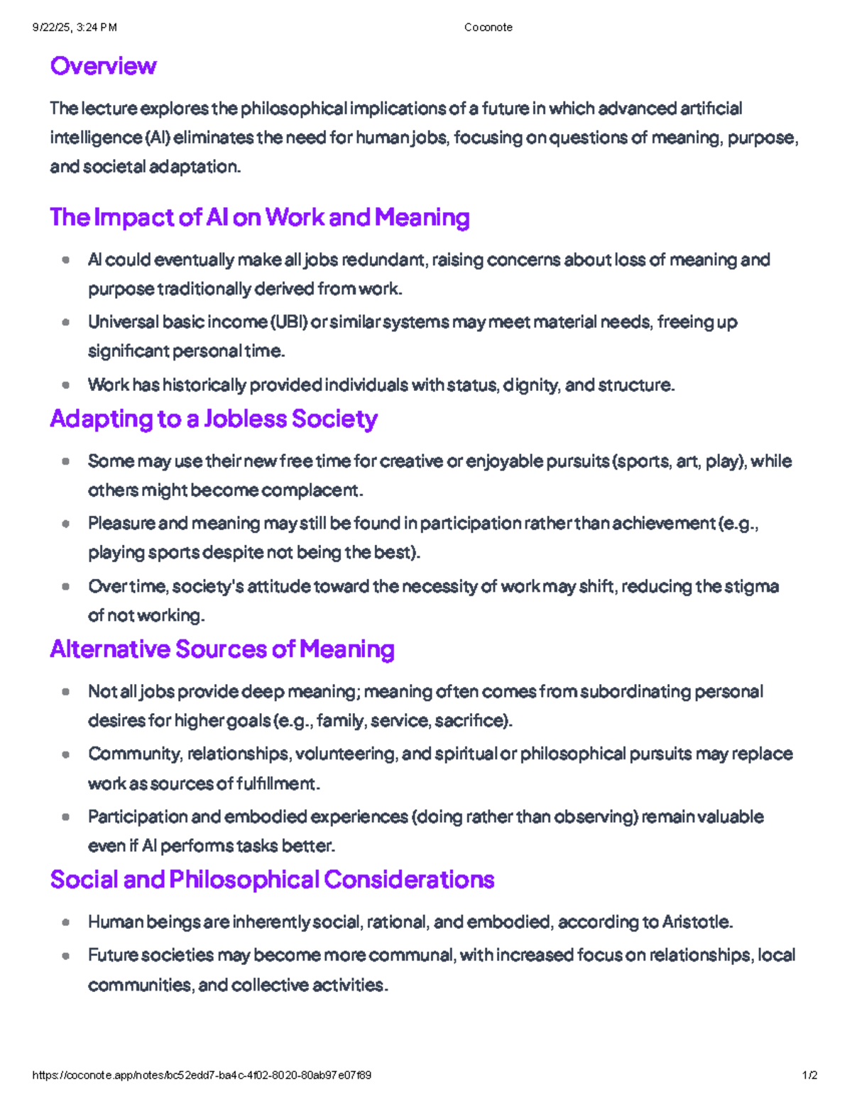 PHIL 1000 - Lecture Notes on AI's Impact on Work and Meaning - Studocu