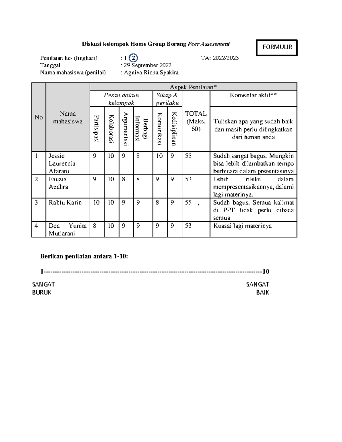 Borang Peer Assesment - Diskusi kelompok Home Group Borang Peer Assessment Penilaian ke ...