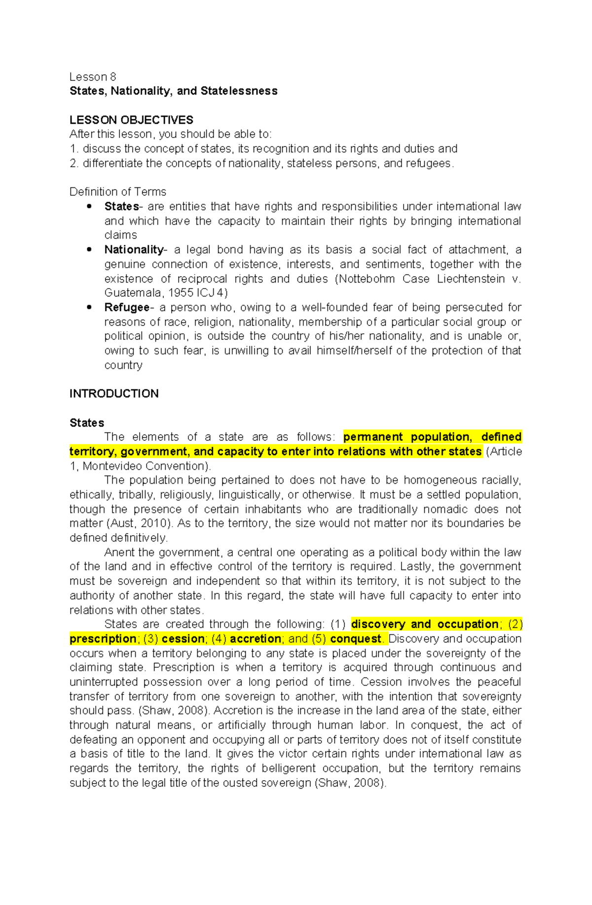 Lesson 8: States, Nationality, and Statelessness Overview and Concepts ...