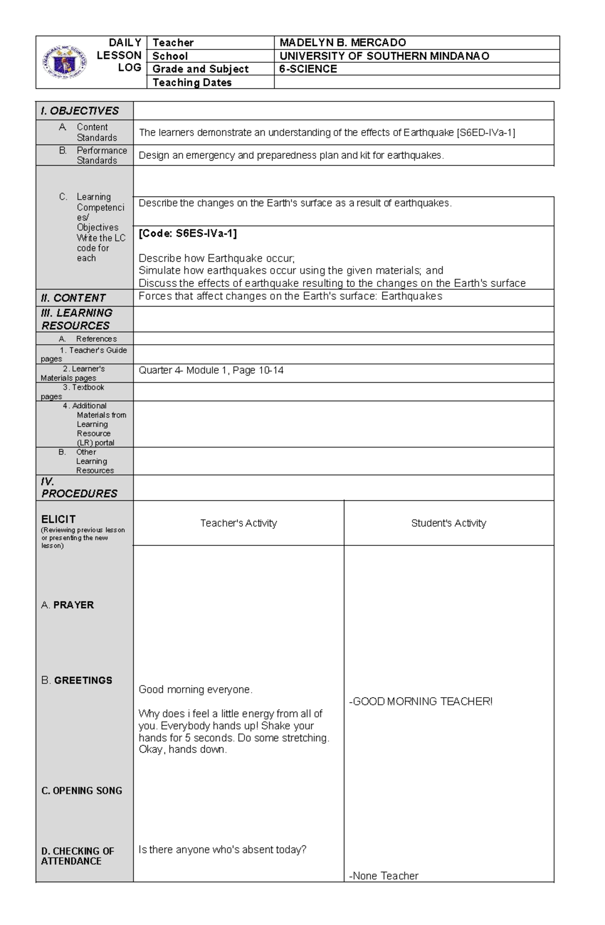 Earthquake Lesson Plan (LP) - N.A. for Grade 1 Teaching - Studocu