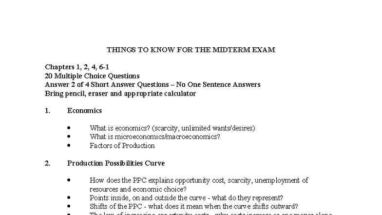 THINGS TO KNOW FOR THE MIDTERM EXAM: ECON 101 Chapters 1, 2, 4, 20 ...