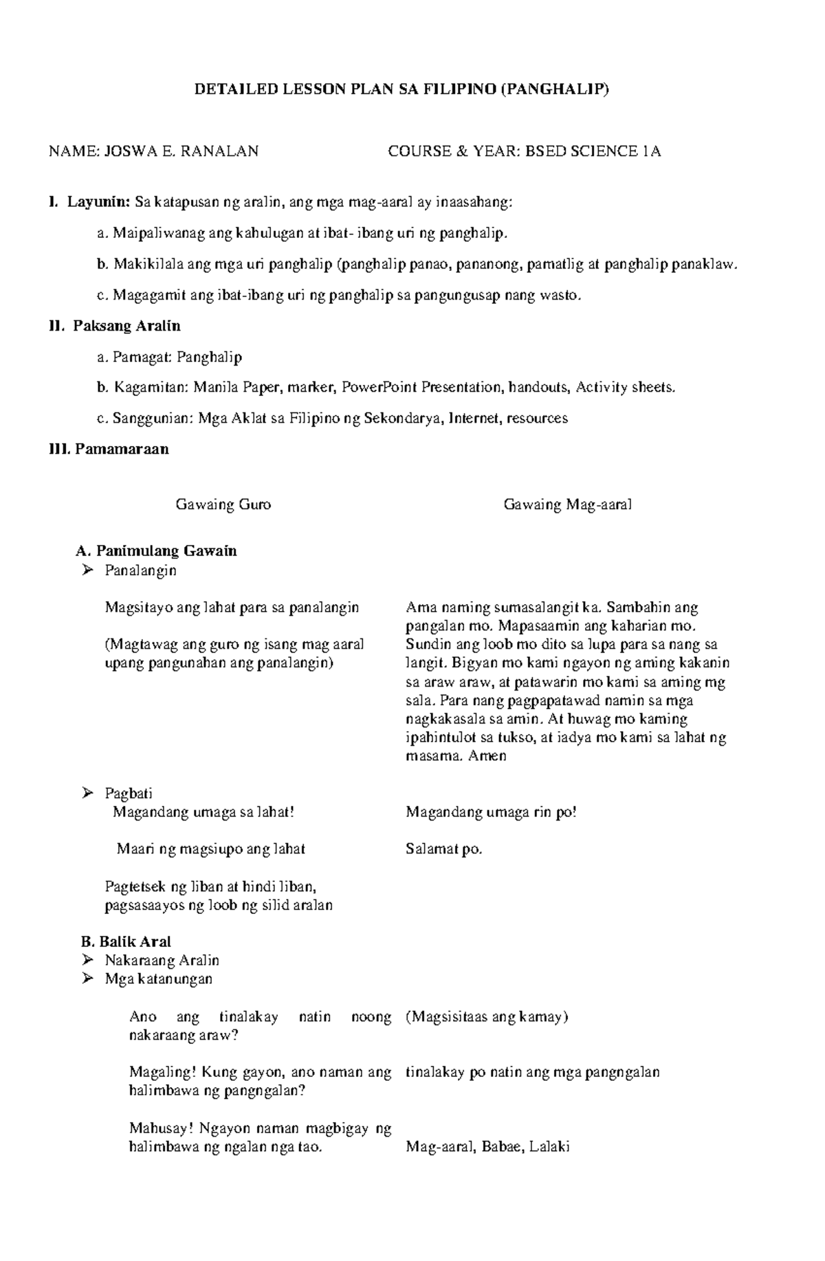 Lesson Plan on Panghalip for Inbound 5252733713214514267 - Studocu