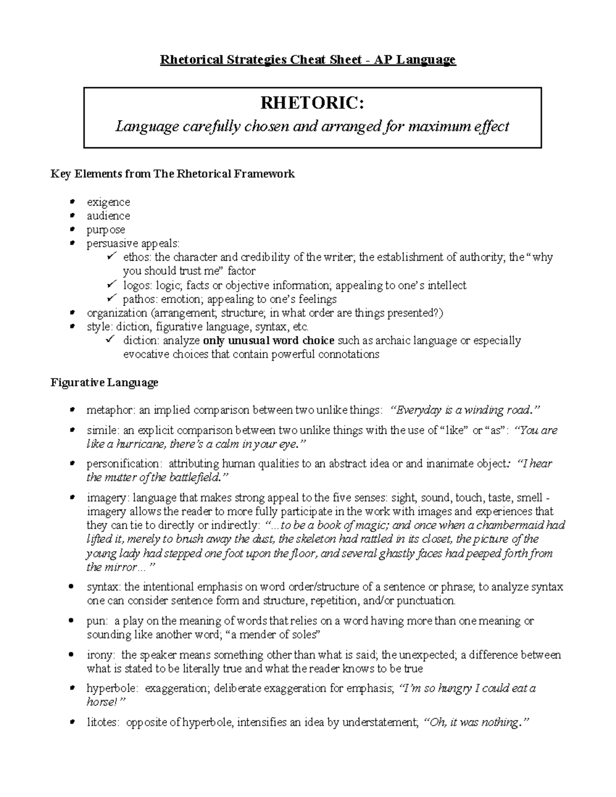 Rhetorical Strategies Overview - AP Language Cheat Sheet - Studocu