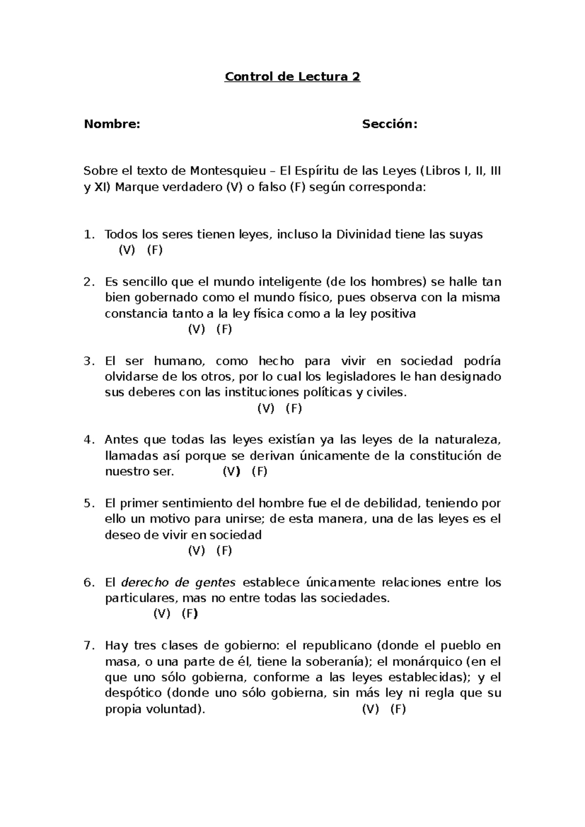 Control de Lectura 2: Montesquieu y El Espíritu de las Leyes - Studocu