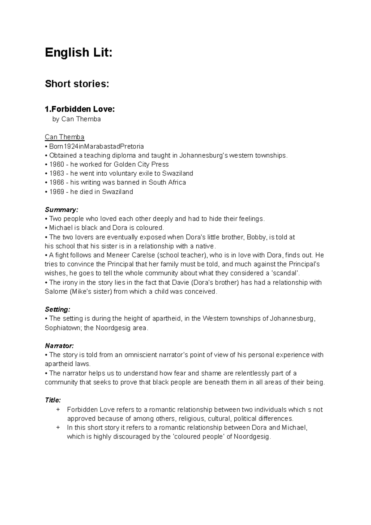 English Lit: Short Stories Analysis - Forbidden Love & More - Studocu