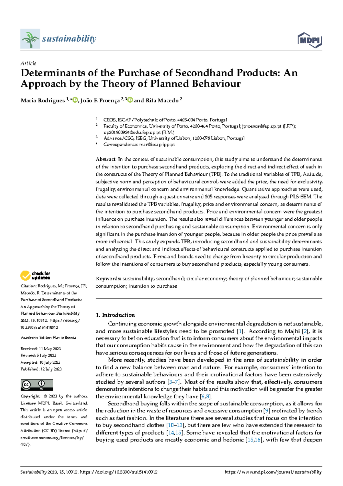 Sustainability 2023: Determinants of Secondhand Purchase Intentions ...