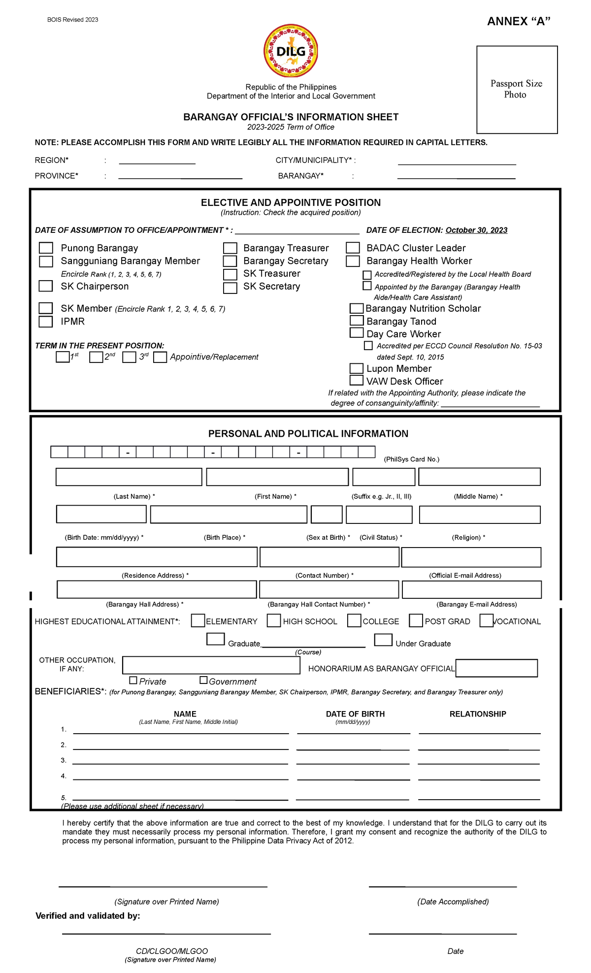 BOIS-FORM-2023 - Barangay Official's Info Sheet for 2023-2025 Term ...