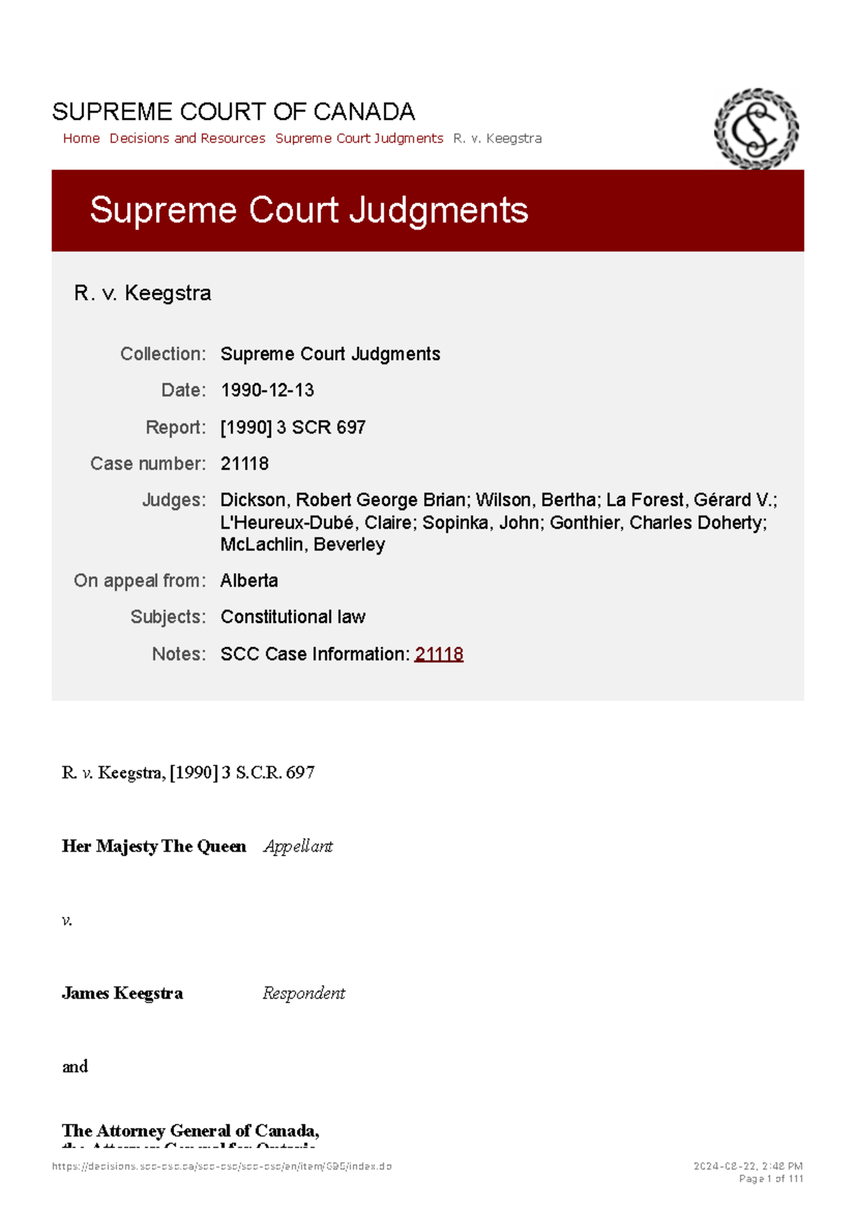 R. v. Keegstra - SCC Cases - Home Decisions and Resources Supreme Court ...