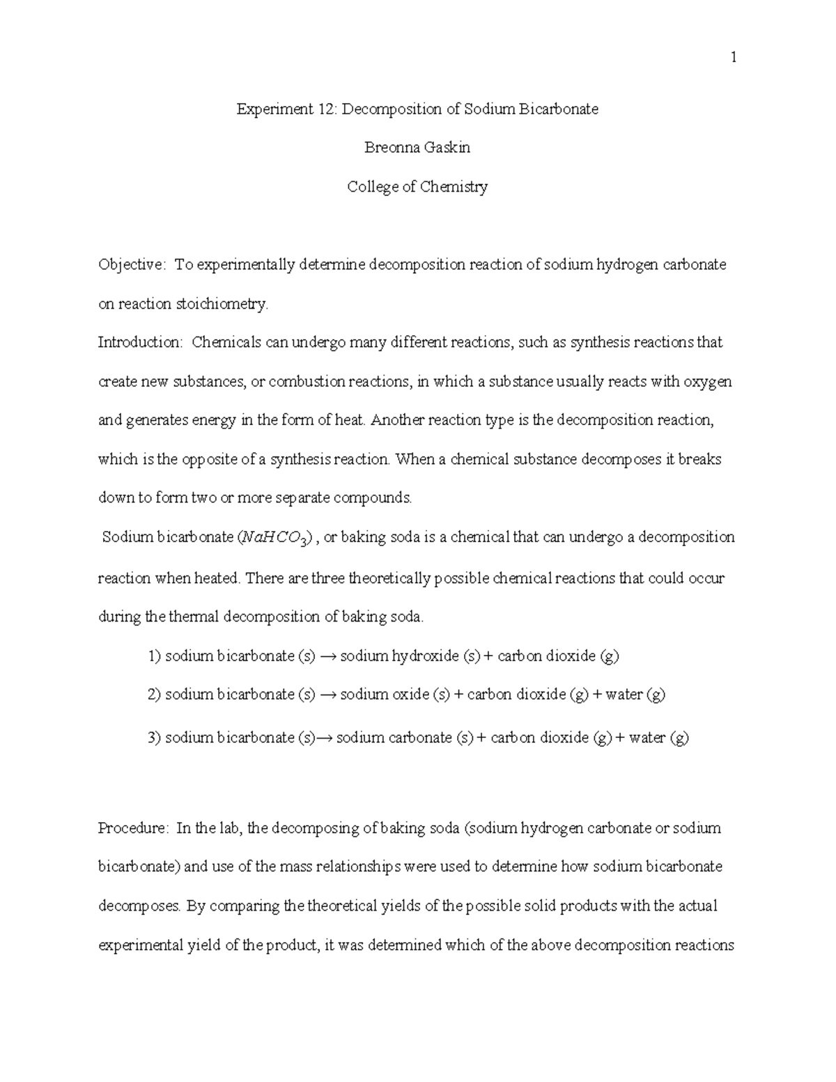 Sodium Bicarbonate Decomposition Lab Report - Chem 101 Experiment 12 ...