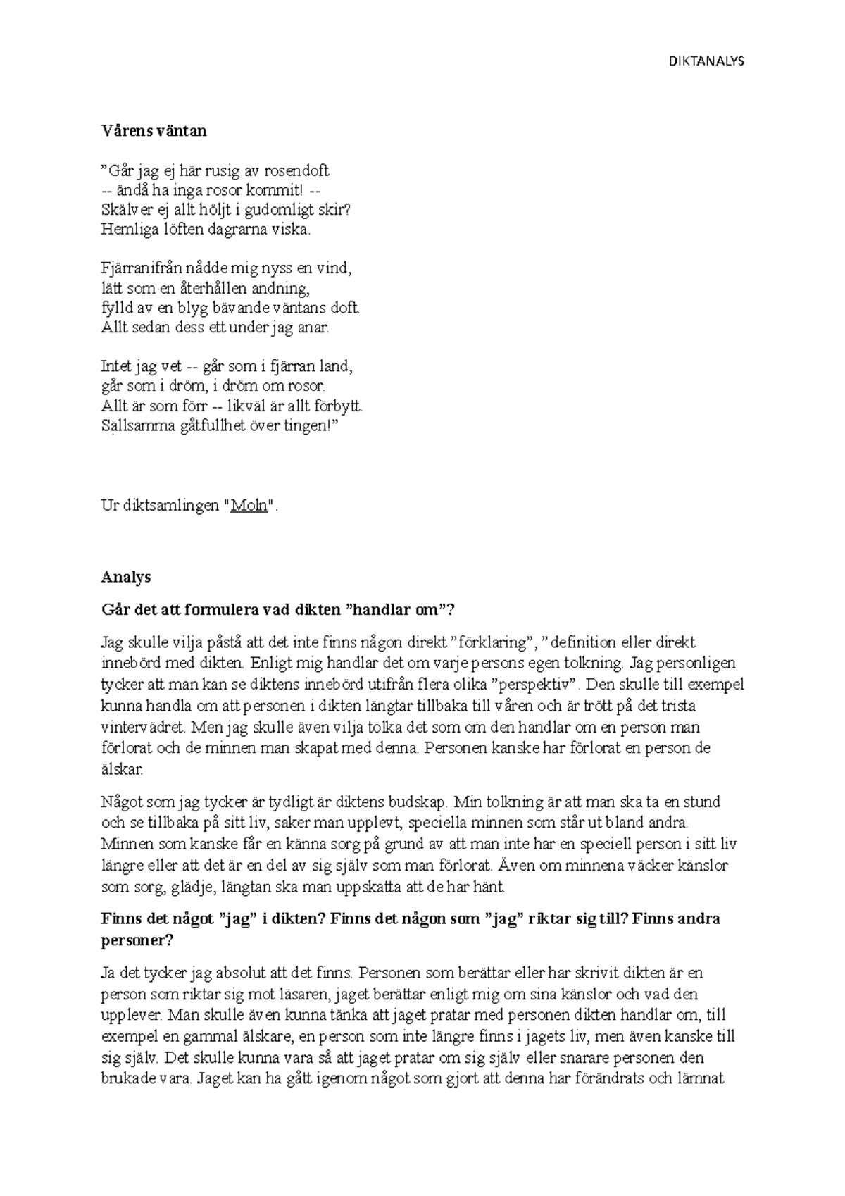 Diktanalys - exempel på hur man kan tänka när man skriver en analys av ...