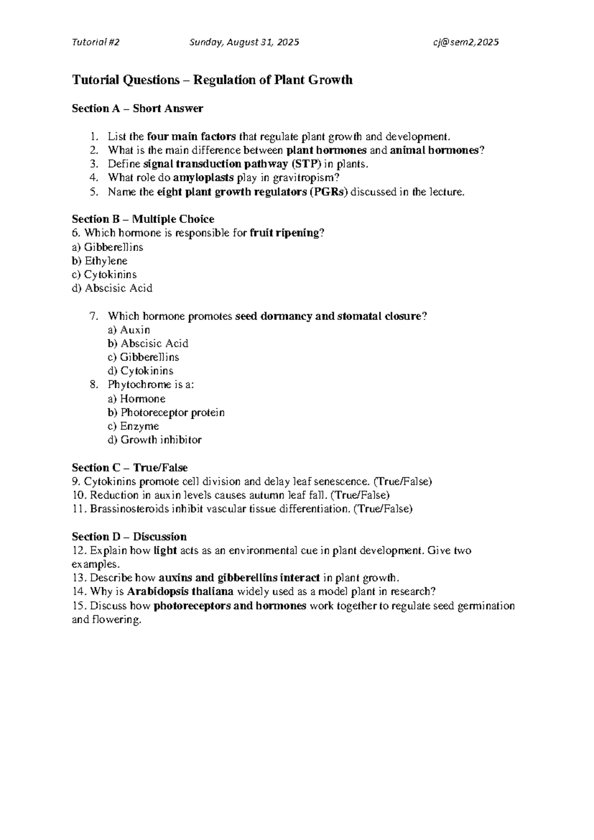 Tutorial #2: Plant Growth Regulation Questions and Answers - Studocu