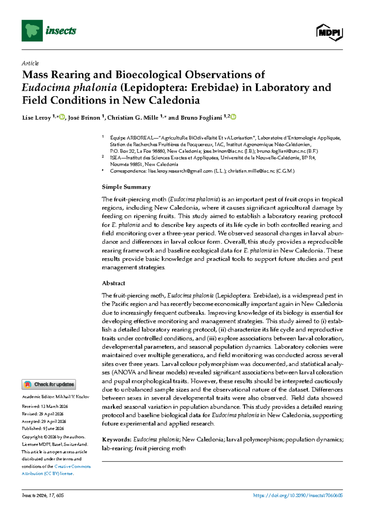 Mass Rearing and Ecological Study of Eudocima phalonia in New Caledonia ...