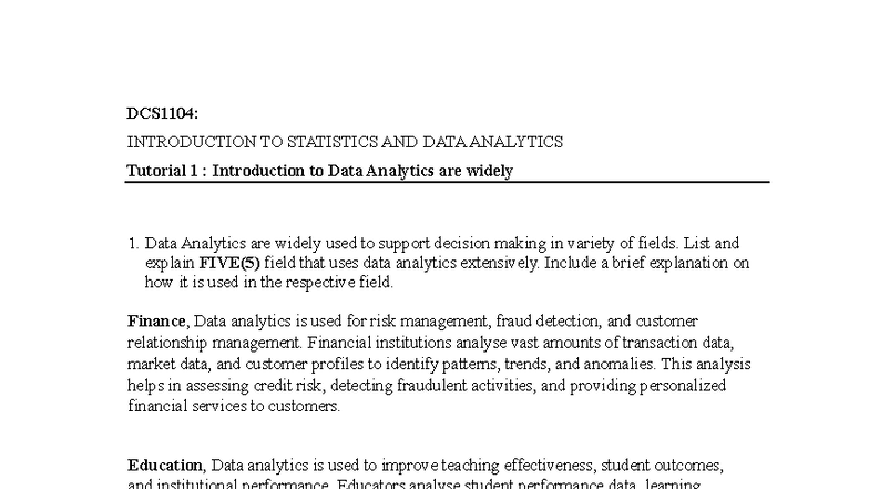 DCS1104: Intro to Statistics & Data Analytics - Tutorial 1 Notes - Studocu