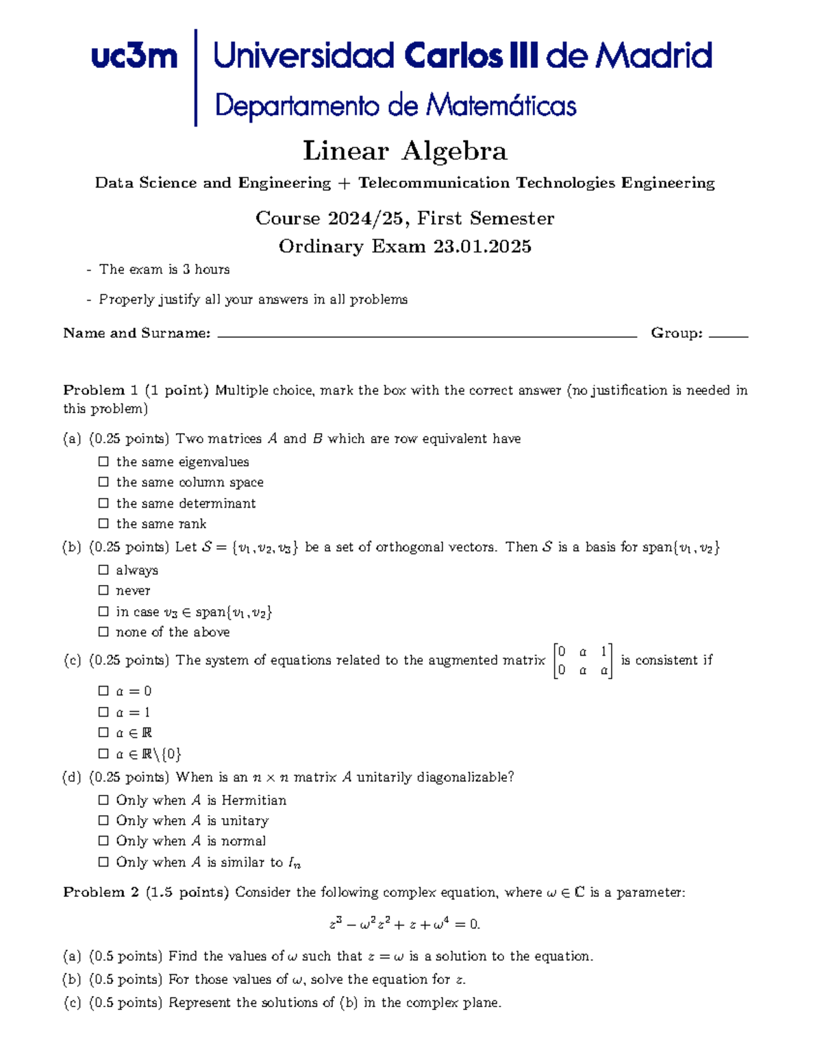 Linear Algebra Engineering 16266 Final Exam January 2025 - Studocu