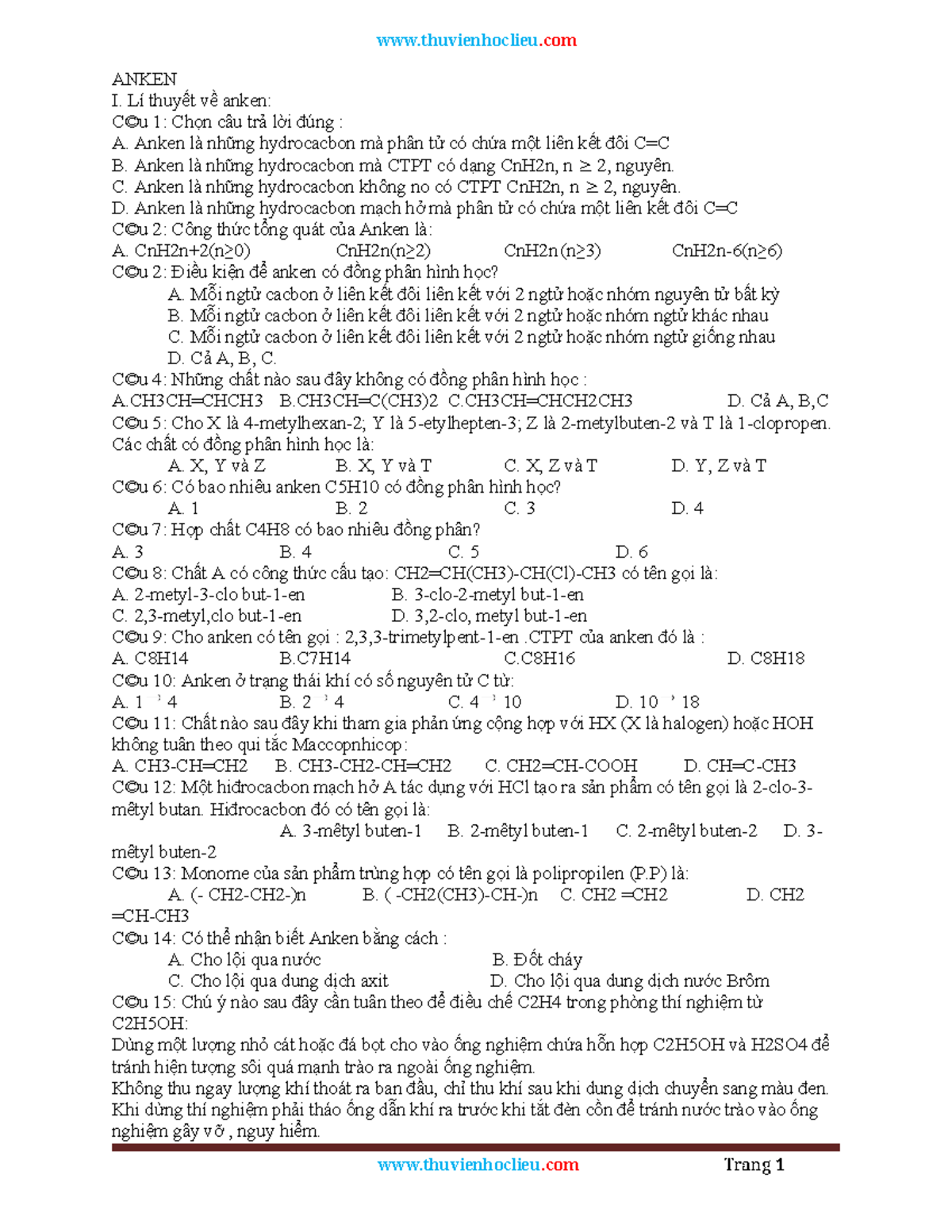 Lí thuyết và Bài tập về Anken, Ankin - Hóa Hữu Cơ (HÓA 101) - Studocu